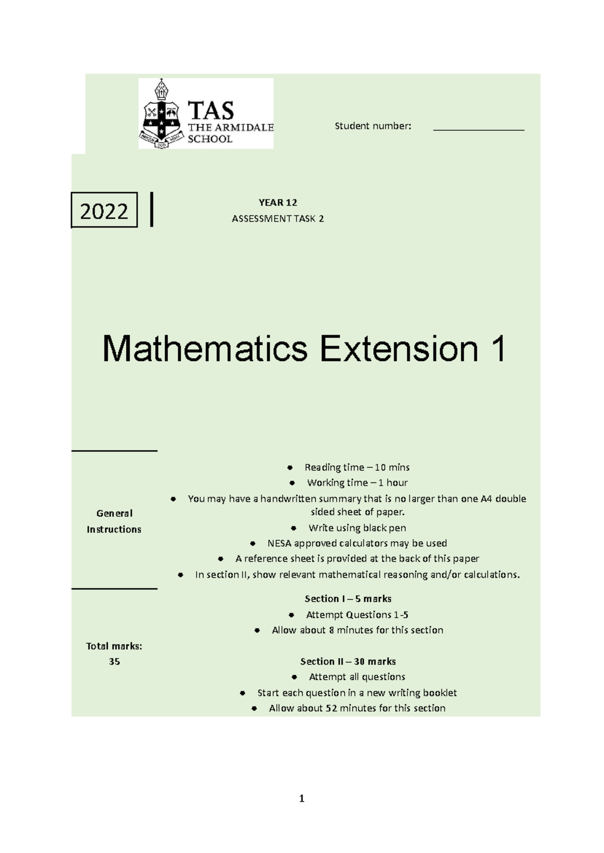 Year 12 Mathematics Extension 1 Assessment Task 2: Vectors Test - Studocu