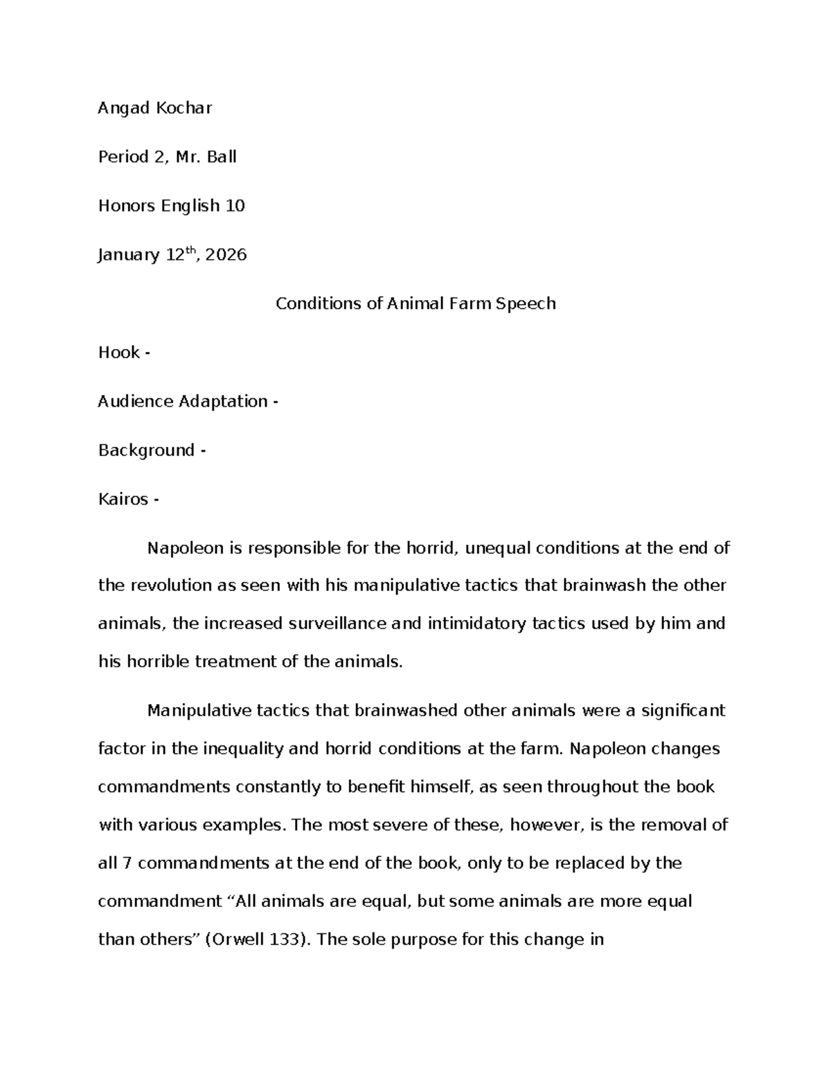 Honors English 10 Speech: Analyzing Napoleon's Manipulation in Animal ...