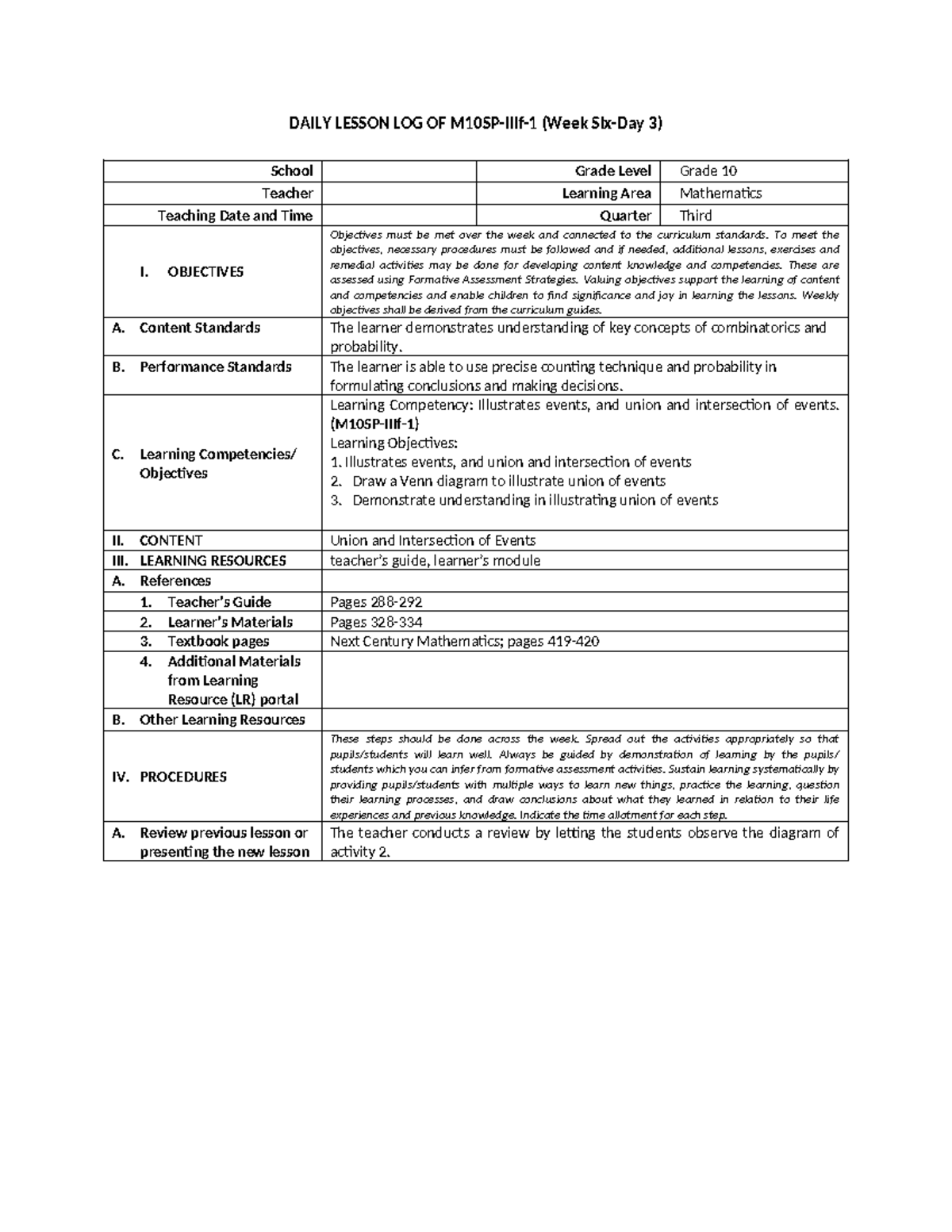 Grade 10 Math Daily Lesson Log (Week 3) - Combinatorics & Probability ...