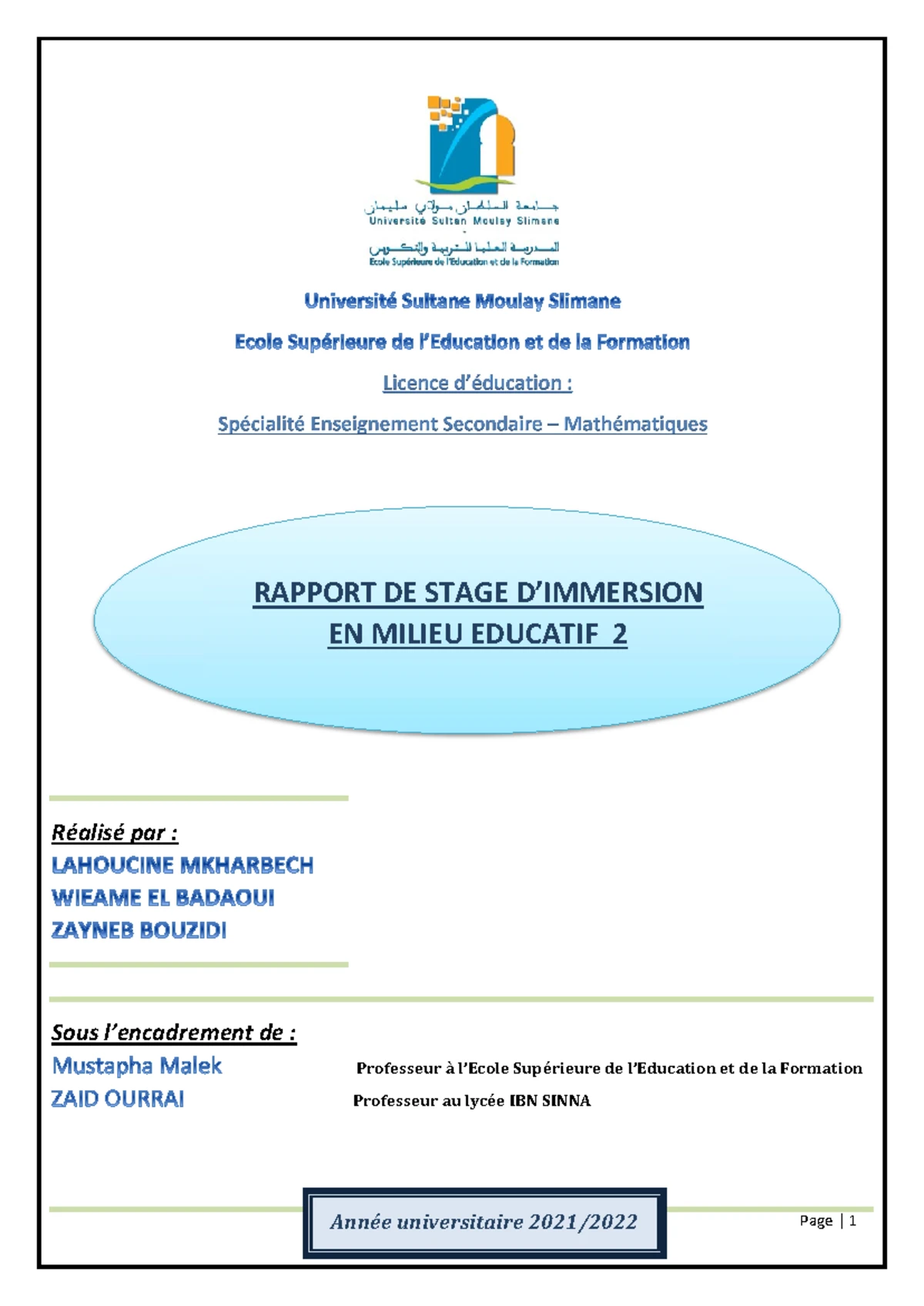 Rapport stage - Page | 1 RAPPORT DE STAGE D’IMMERSION EN MILIEU EDUCATIF 2 Licence d’éducation ...
