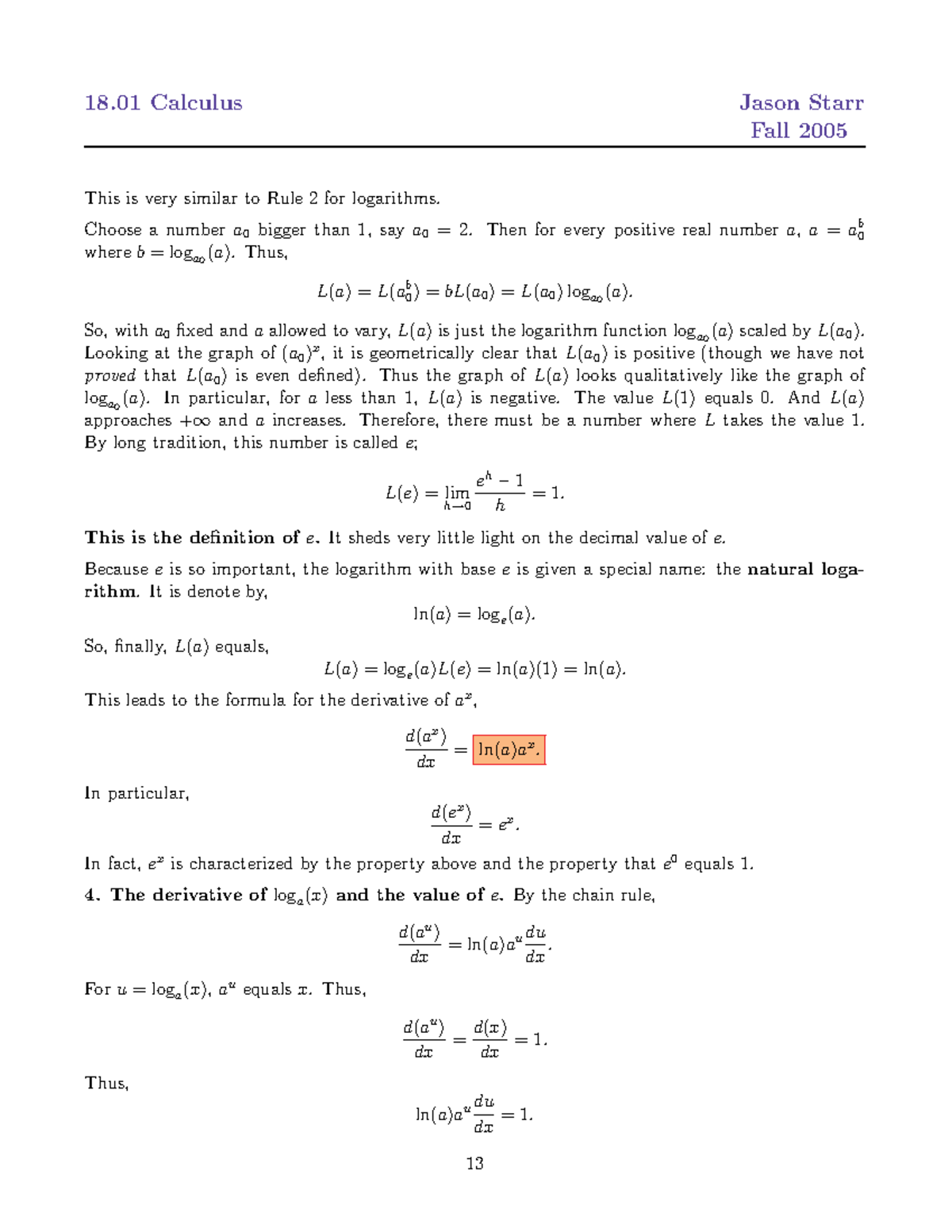 18.01 Calculus Lecture Notes: Understanding Logarithms and e - Studocu