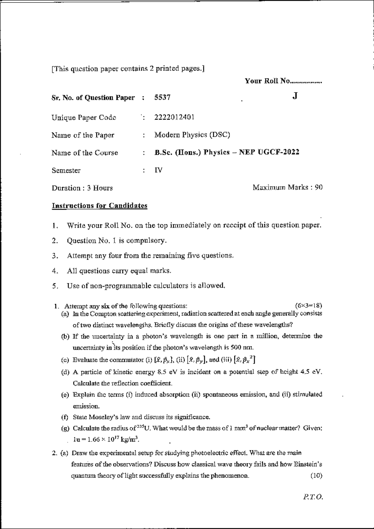 Modern Physics Question Paper - B.Sc. (Hons.) Physics NEP Sem IV - Studocu