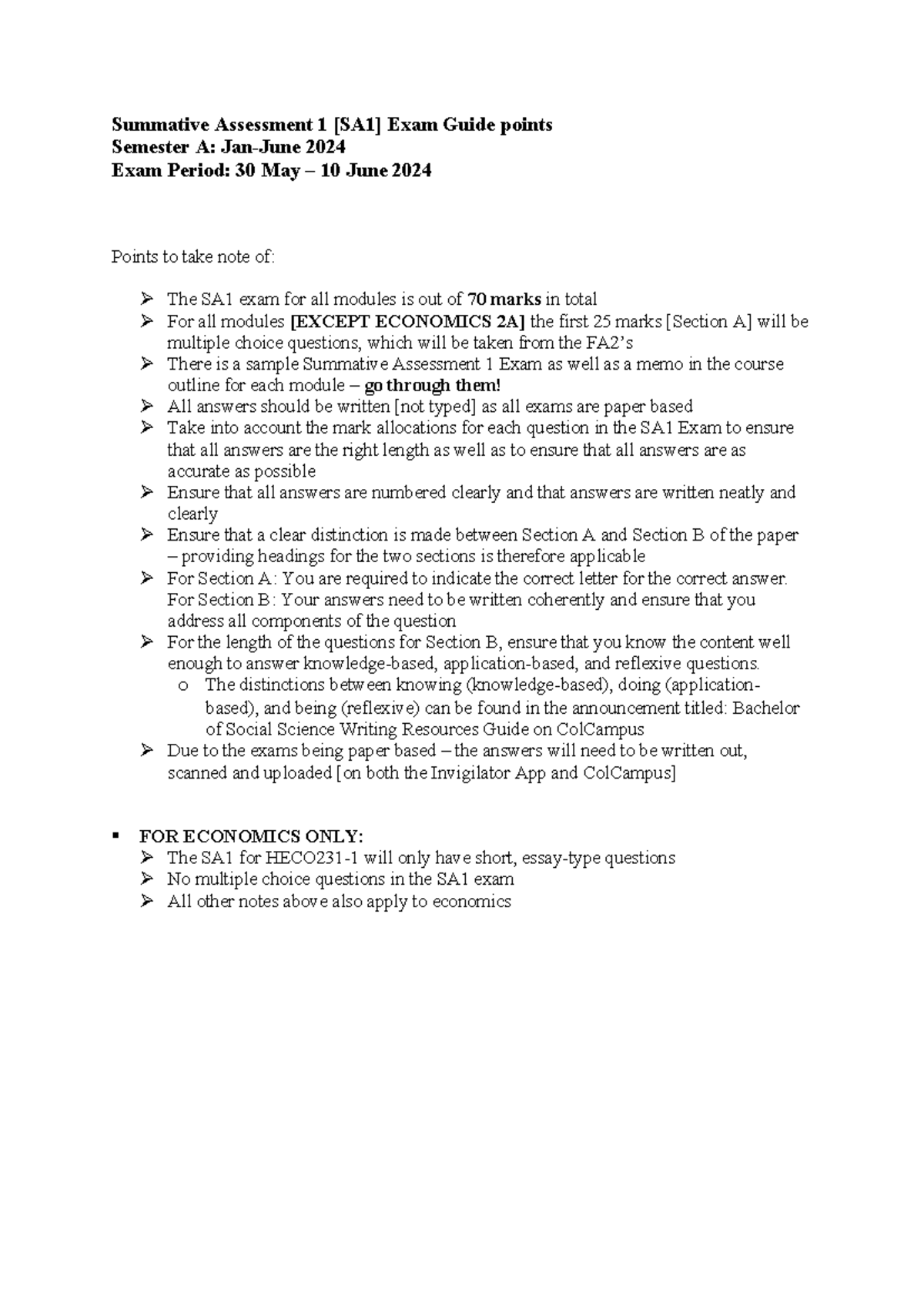 SA1 Exam Guide for All Modules - Semester A 2024 (Jan-June) - Studocu