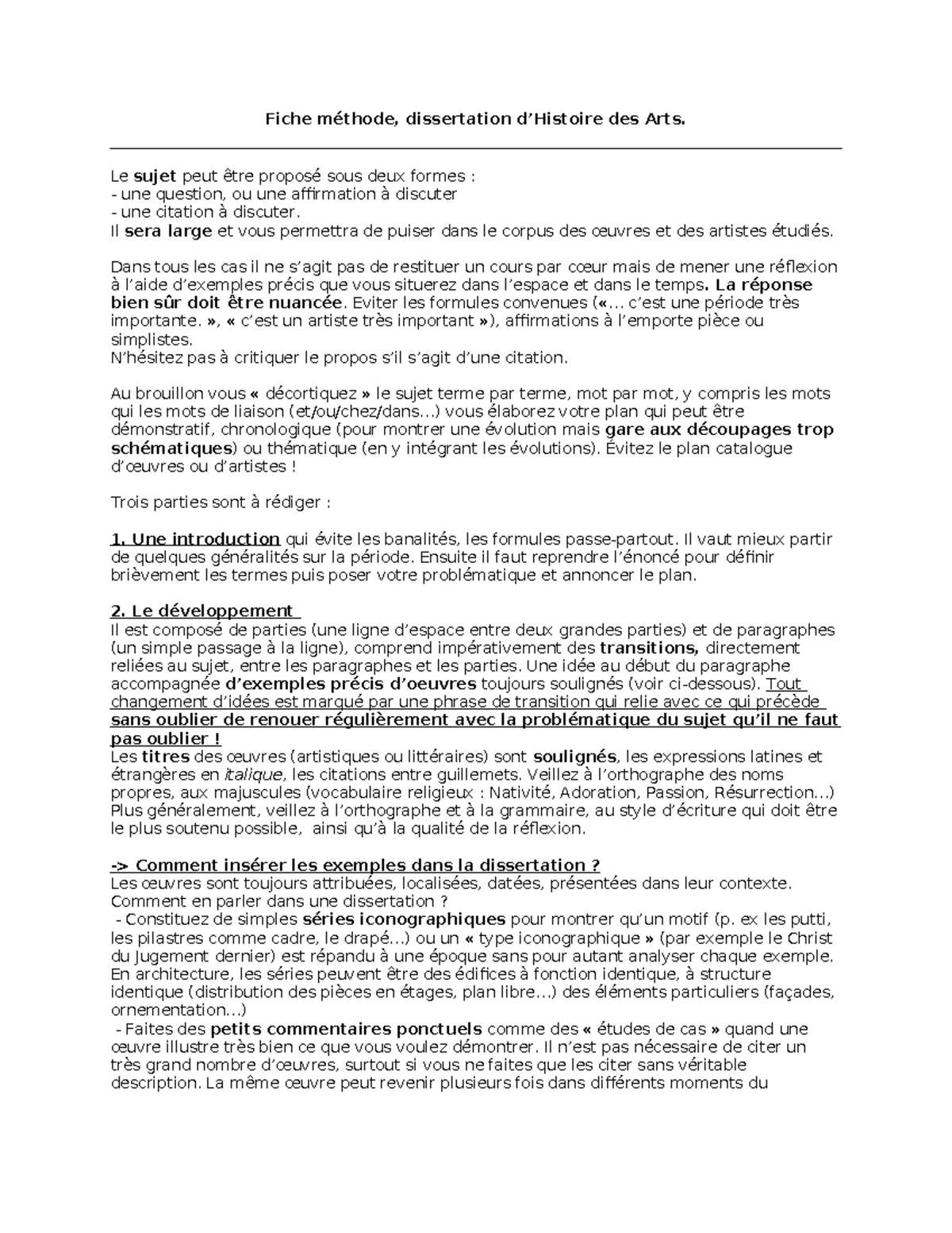 Méthode de Dissertation en Histoire des Arts - Fiche Pratique - Studocu