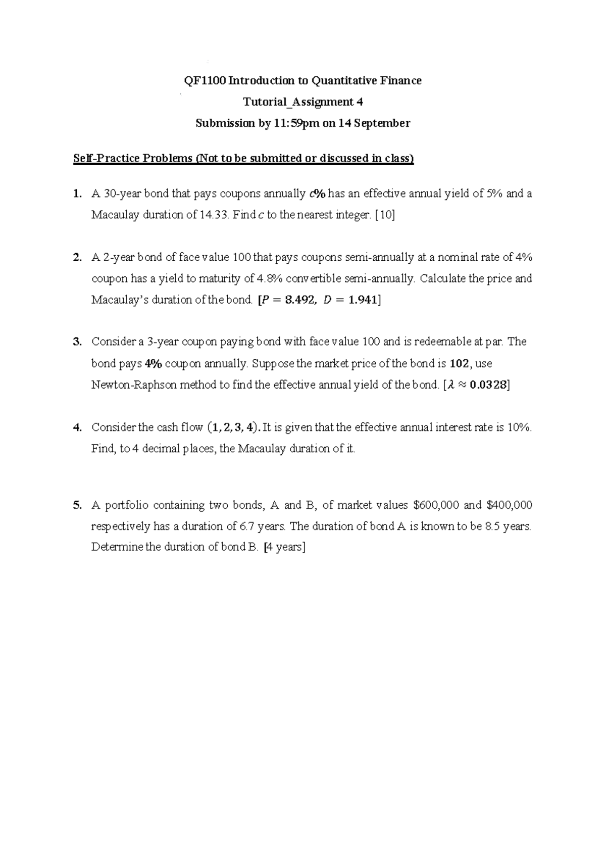 QF1100 Tutorial Assignment 4: Quantitative Finance Problems - Studocu