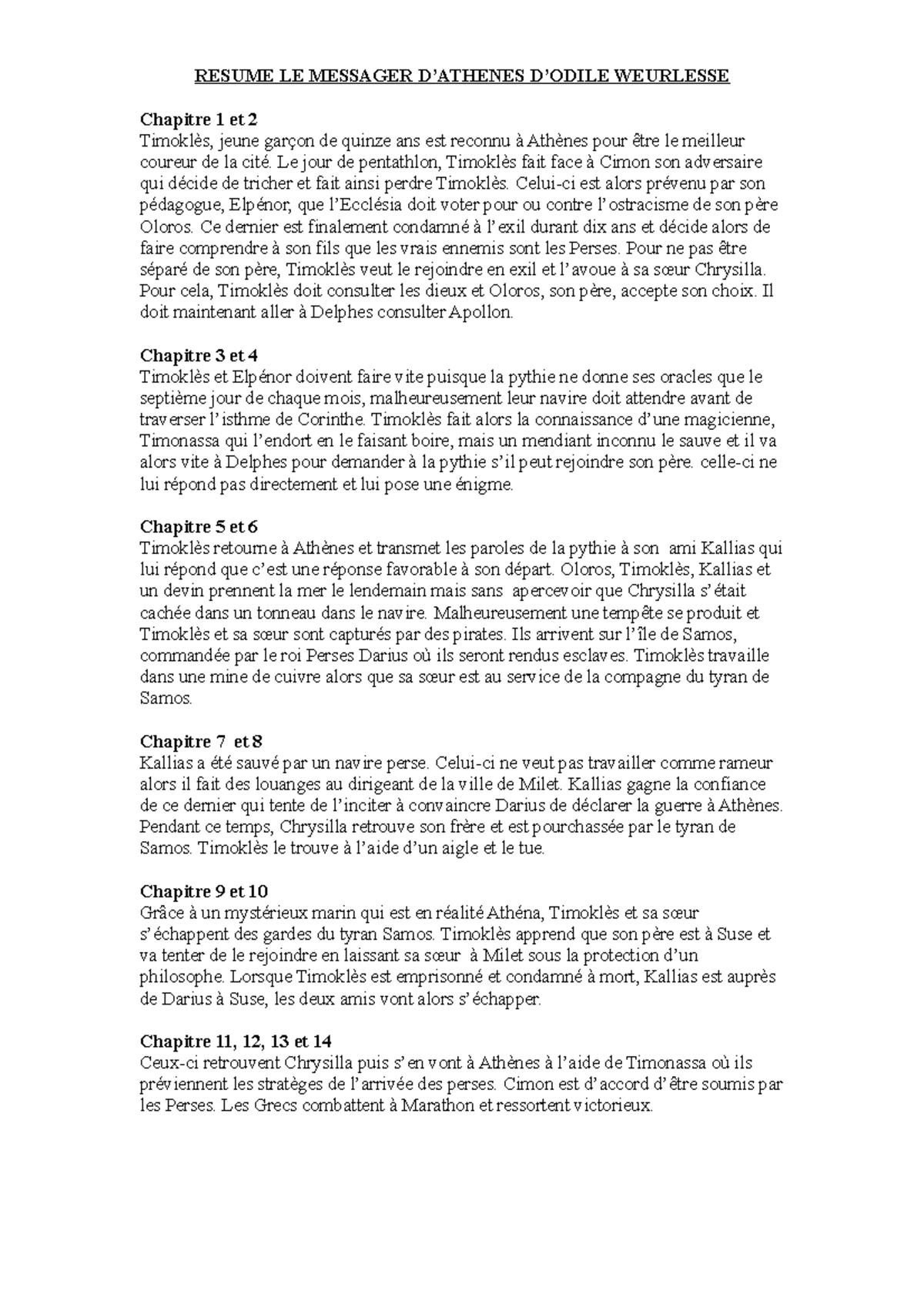 Par Chapitre - RESUME LE MESSAGER D’ATHENES D’ODILE WEURLESSE Chapitre ...