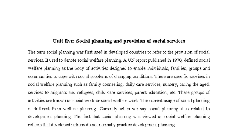 Unit 5: Social Planning and Provision of Services in Development - Studocu