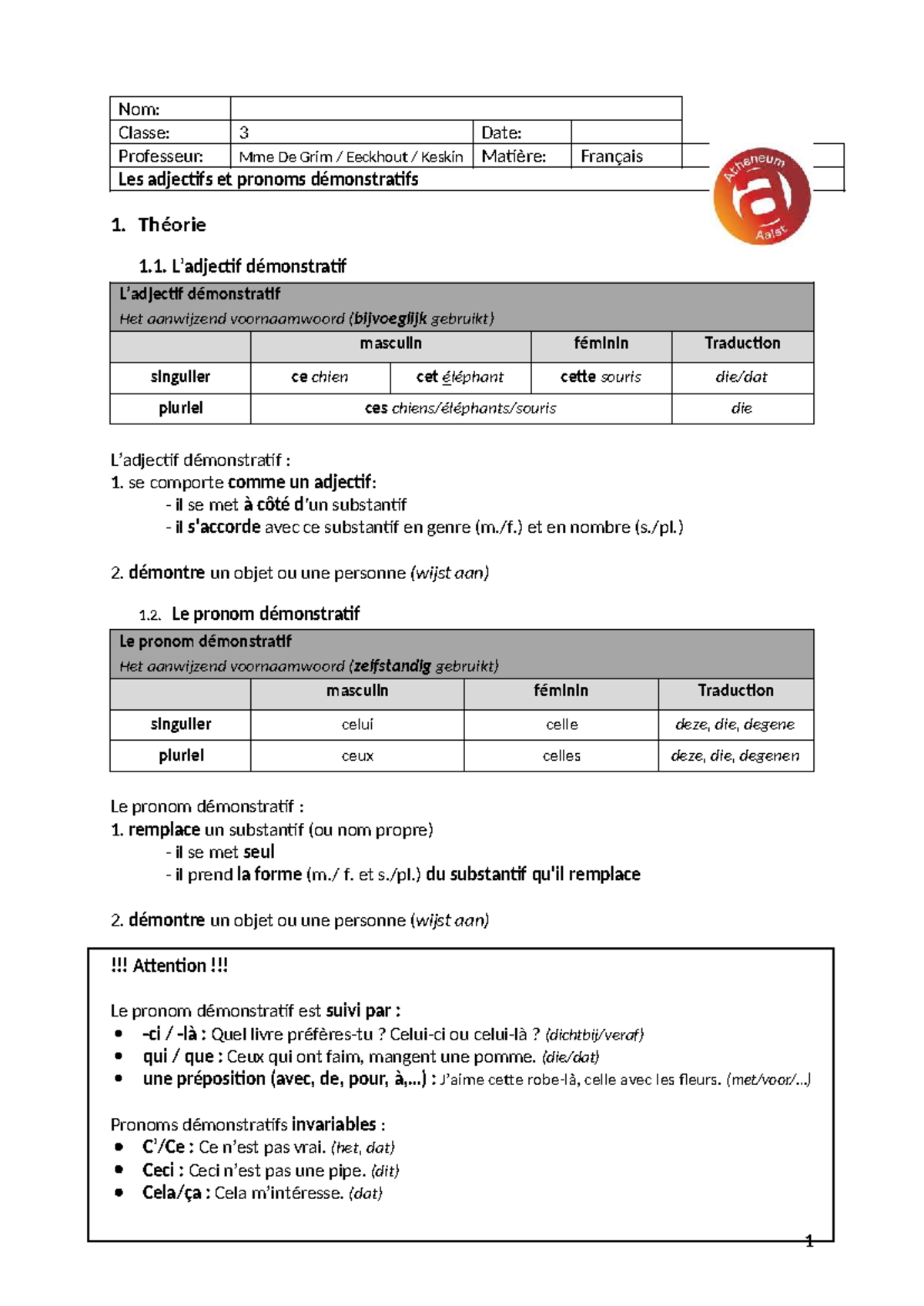 3FR T4 G 2 Les Adjectifs et Pronoms Démonstratifs - Leerlingenbundel ...