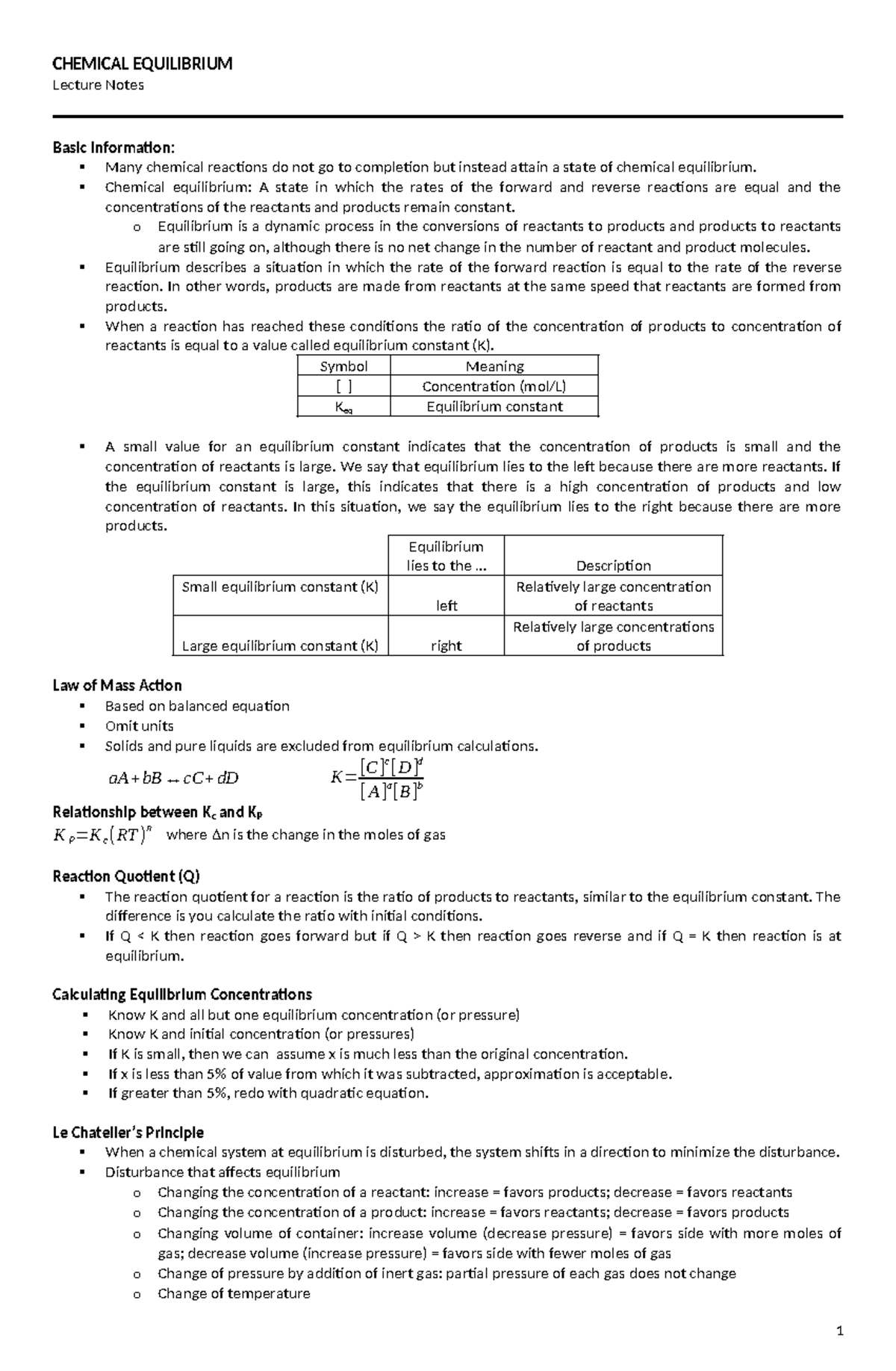 CHEM 101: Chemical Equilibrium Lecture Notes and Key Concepts - Studocu