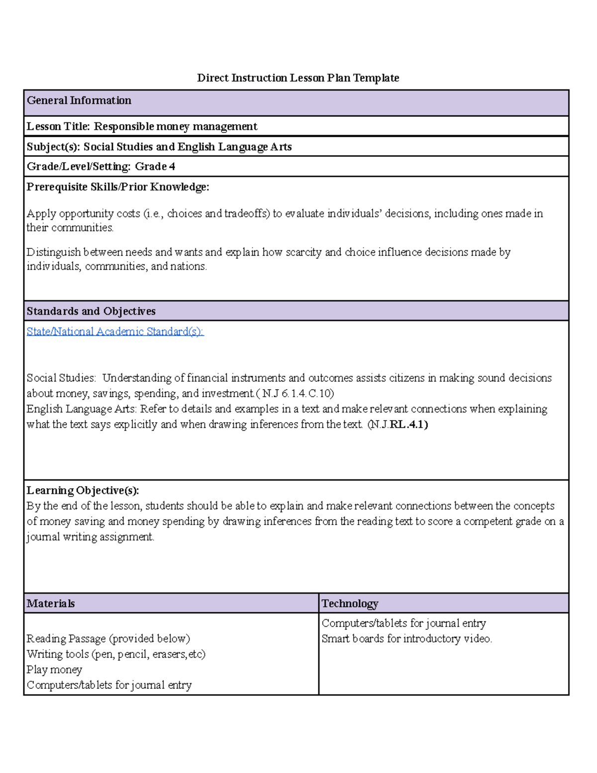 LVM1 Task 1: Responsible Money Management Lesson Plan for Grade 4 - Studocu