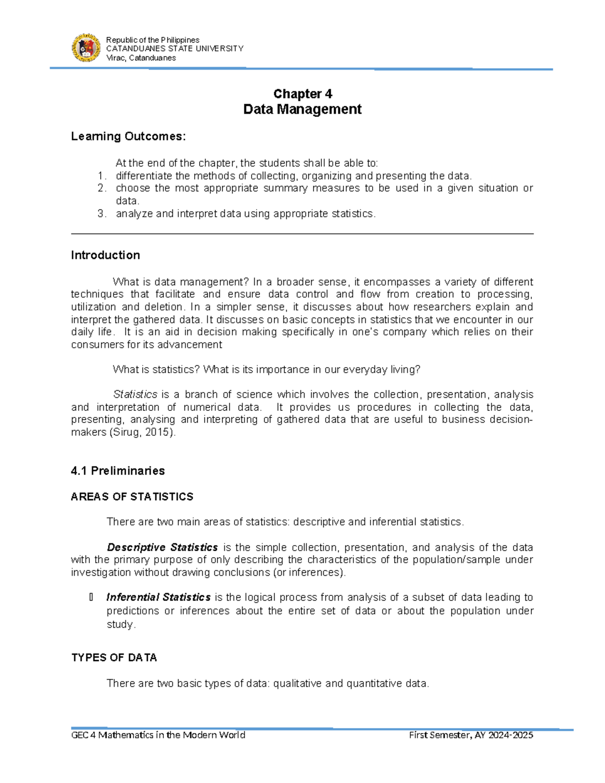 GEC-4-Chapter-4-Data-Management-v1 - CATANDUANES STATE UNIVERSITY Virac ...