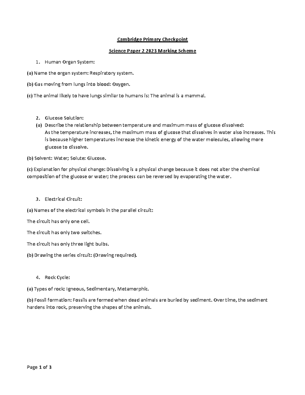 Cambridge Primary Checkpoint Science Paper 2 Marking Scheme 2023 - Studocu