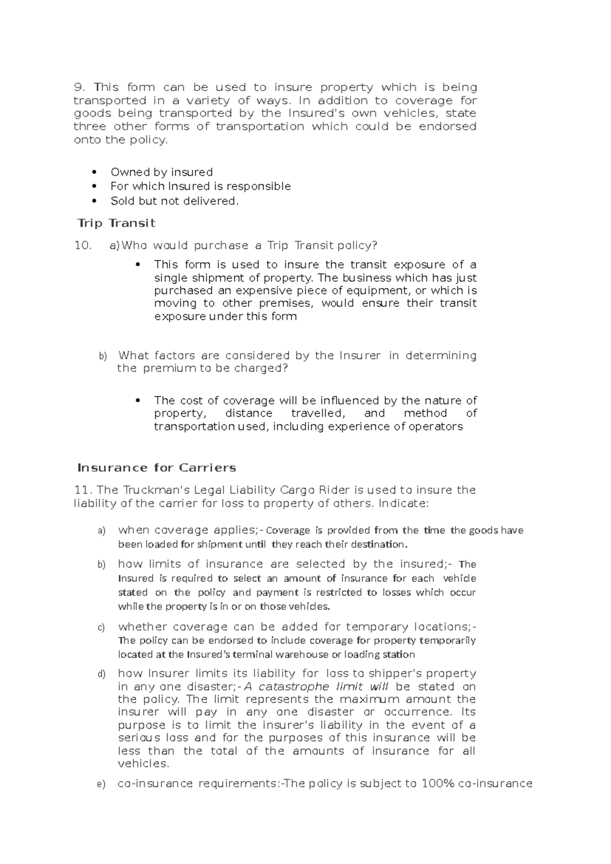 Insurance Notes: Trip Transit & Legal Liability Coverage - Studocu