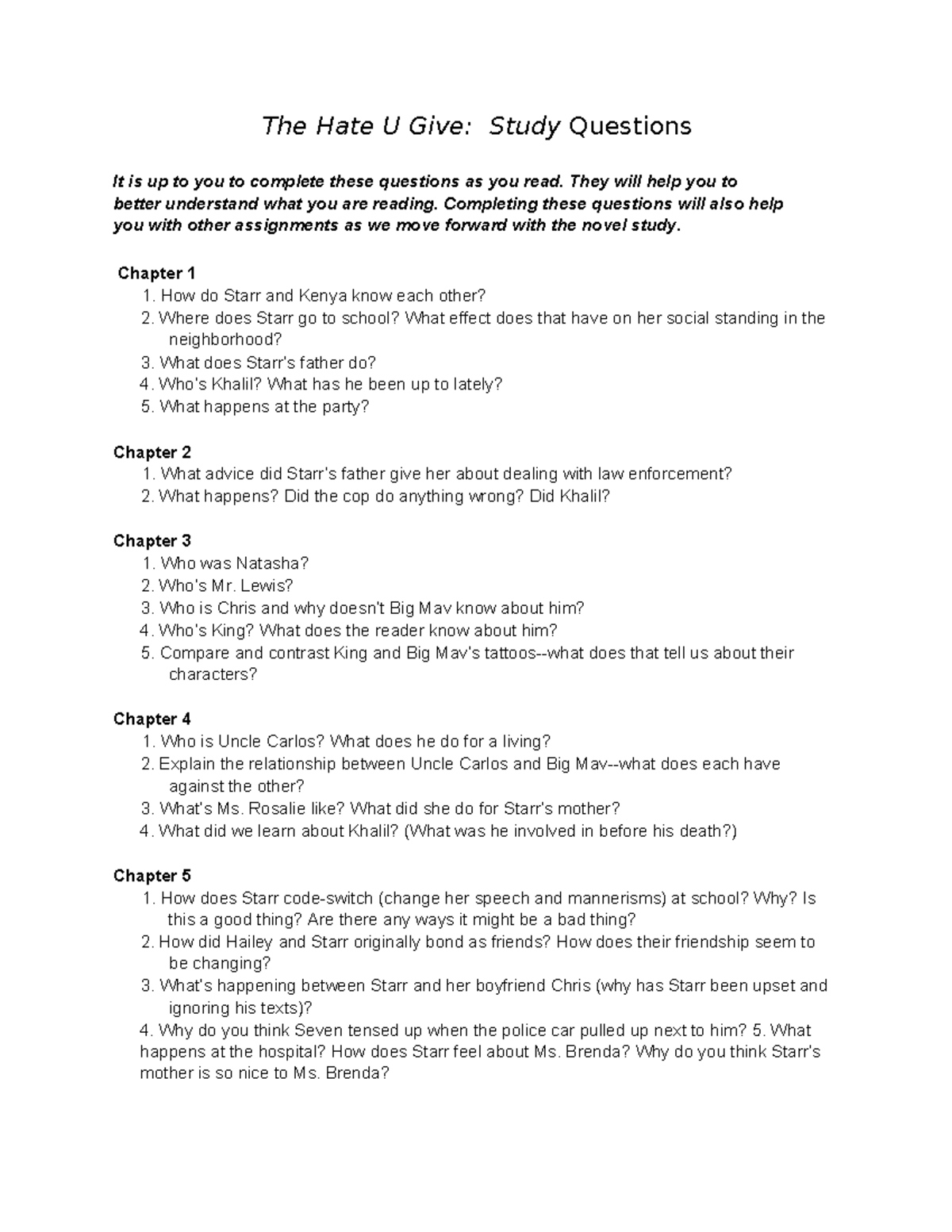 THUG 101: Study Questions for "The Hate U Give" Analysis - Studocu