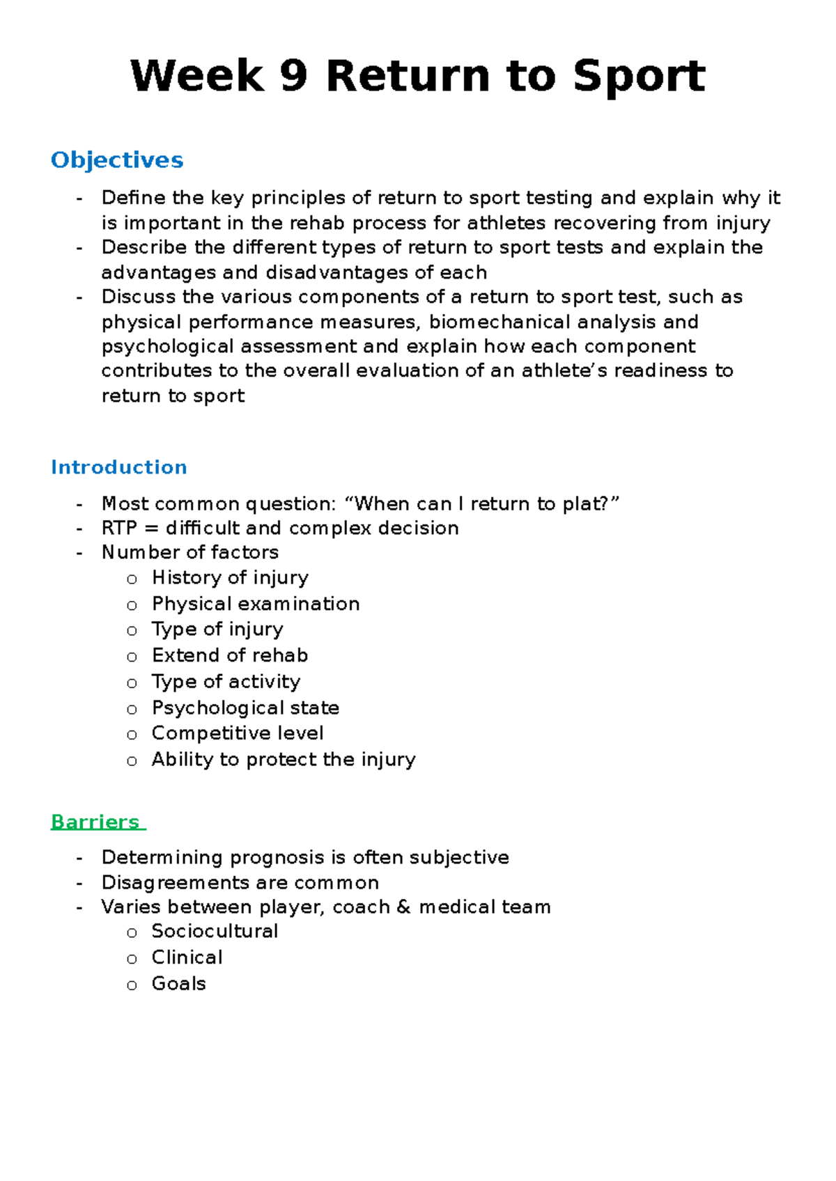 Week 9 Return to Sport: Key Principles and Testing Methods - Studocu