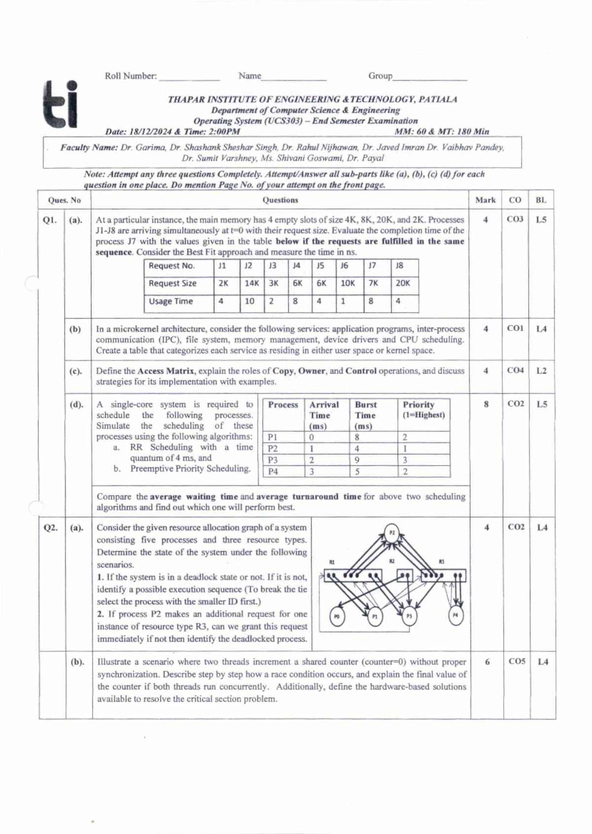 UCS303 - Operating Systems End Semester Exam Questions - Studocu