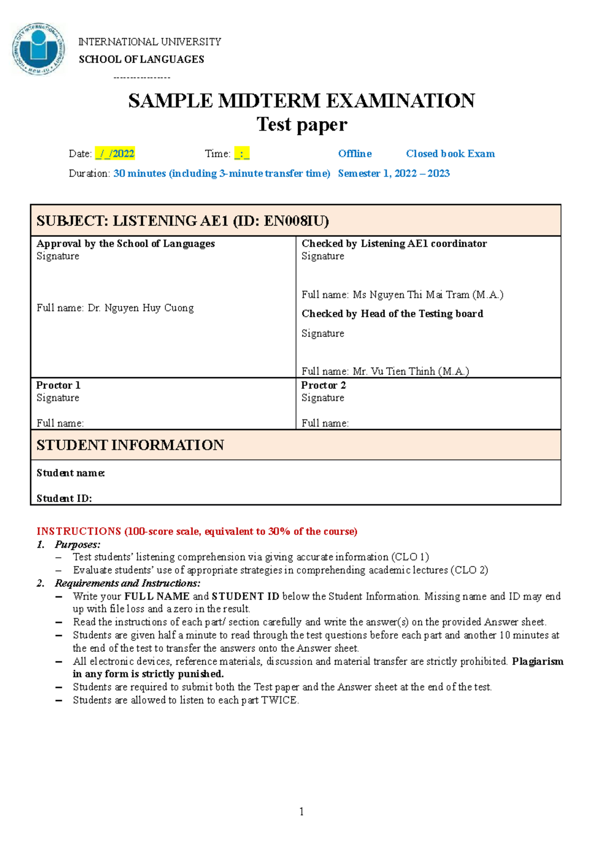 AE1 Listening Midterm Sample Test Paper - 2022-2023 - Studocu