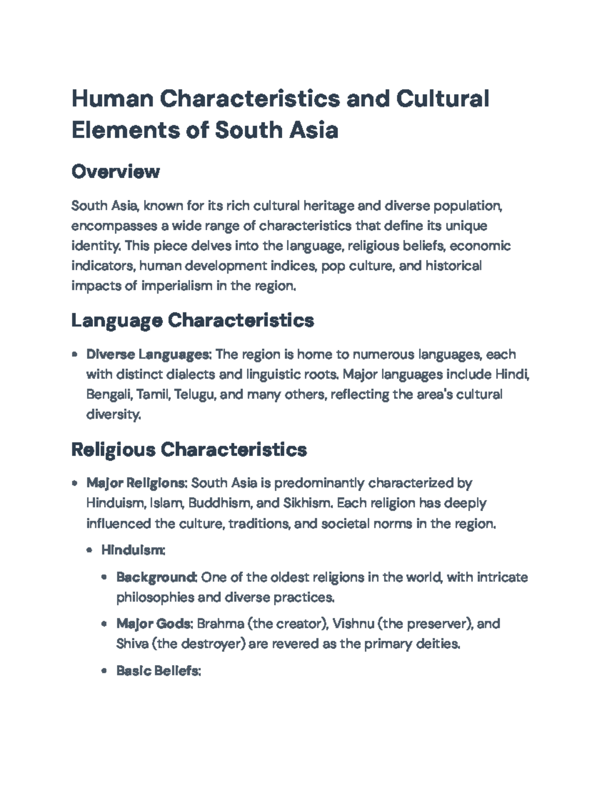 South Asia's Human Characteristics & Cultural Elements Overview - Studocu