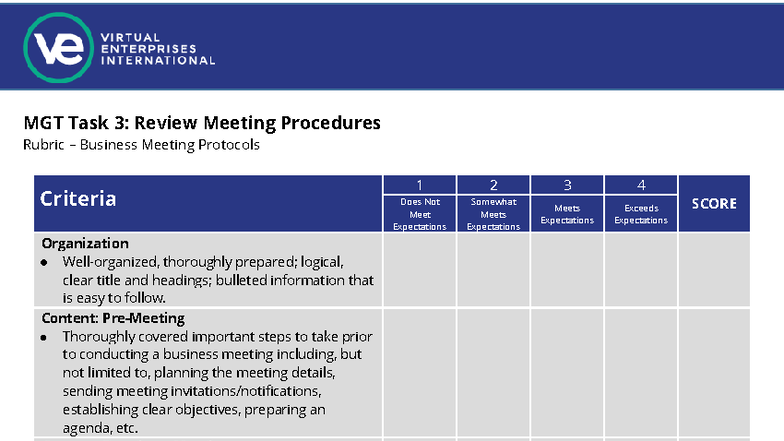MGT 3: Business Meeting Protocols Review Meeting Procedures Rubric ...