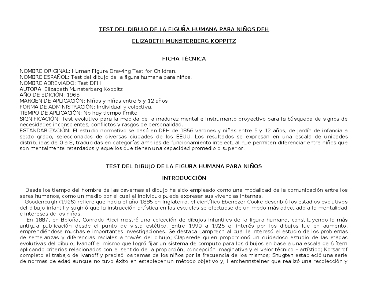 Test DFH: Análisis del Dibujo de la Figura Humana para Niños - Studocu