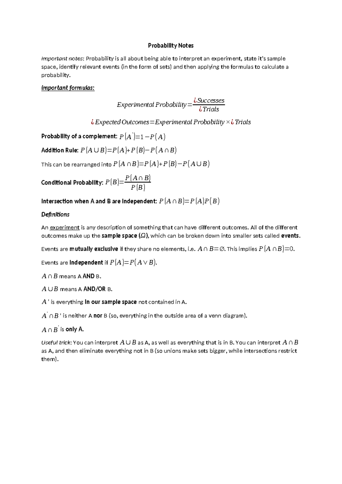 Probability Notes: Key Concepts and Formulas for Understanding - Studocu