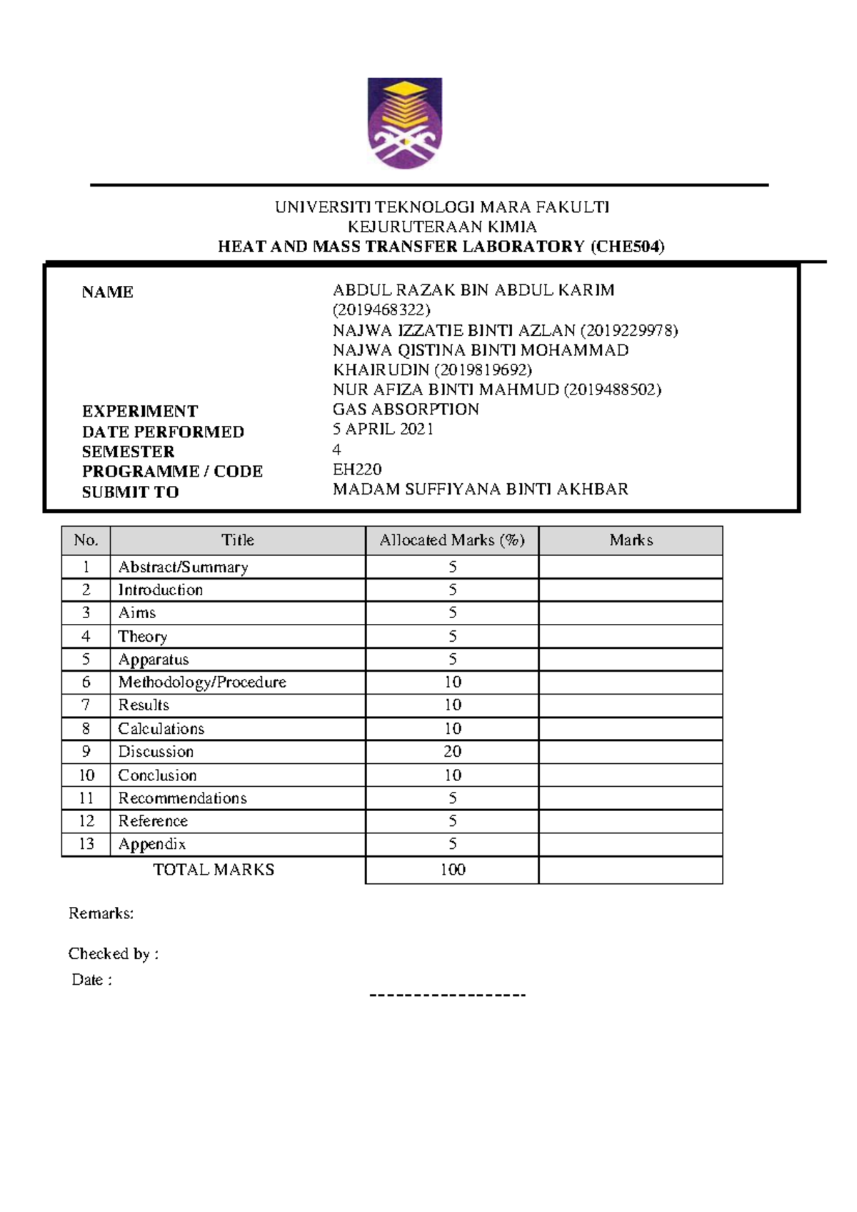 LAB REPORT ON GAS ABSORPTION IN CHE504: PRESSURE DROP STUDY - Studocu