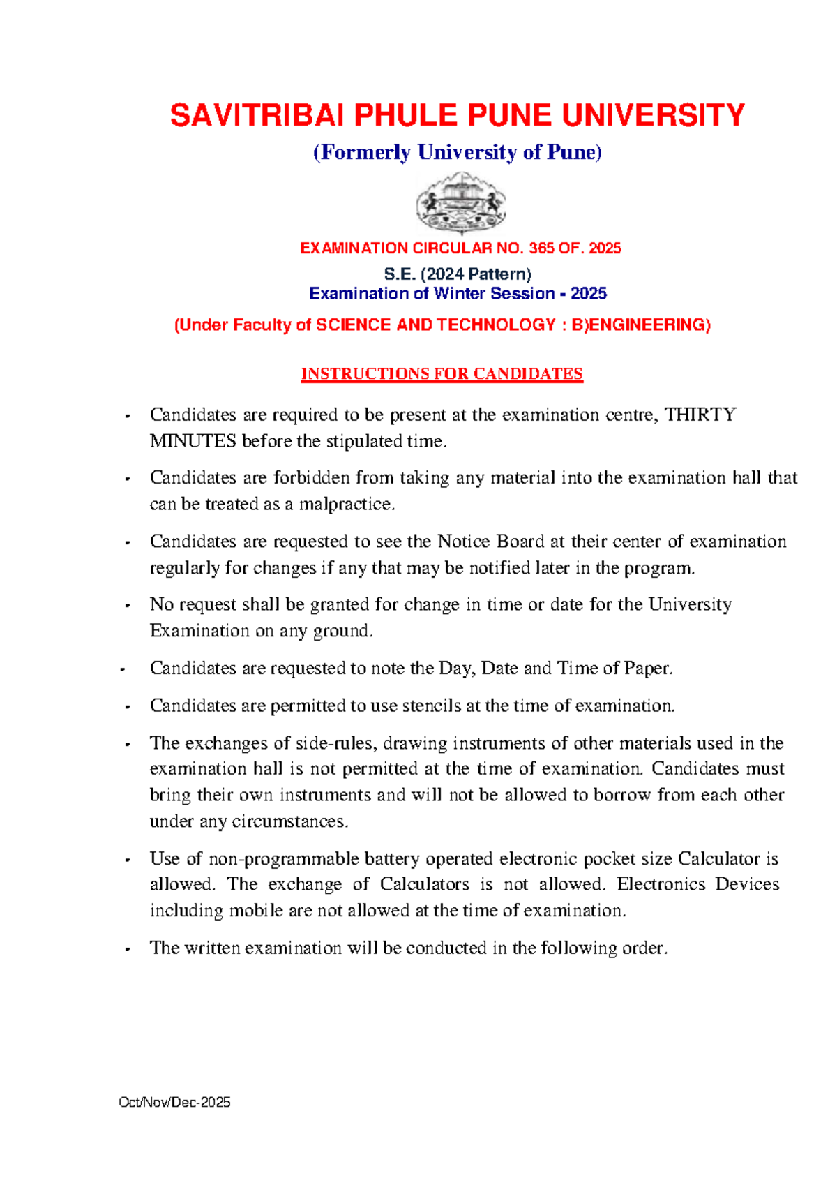 S.E. 2024 Pattern Endsem Timetable for Winter Session 2025 - Studocu