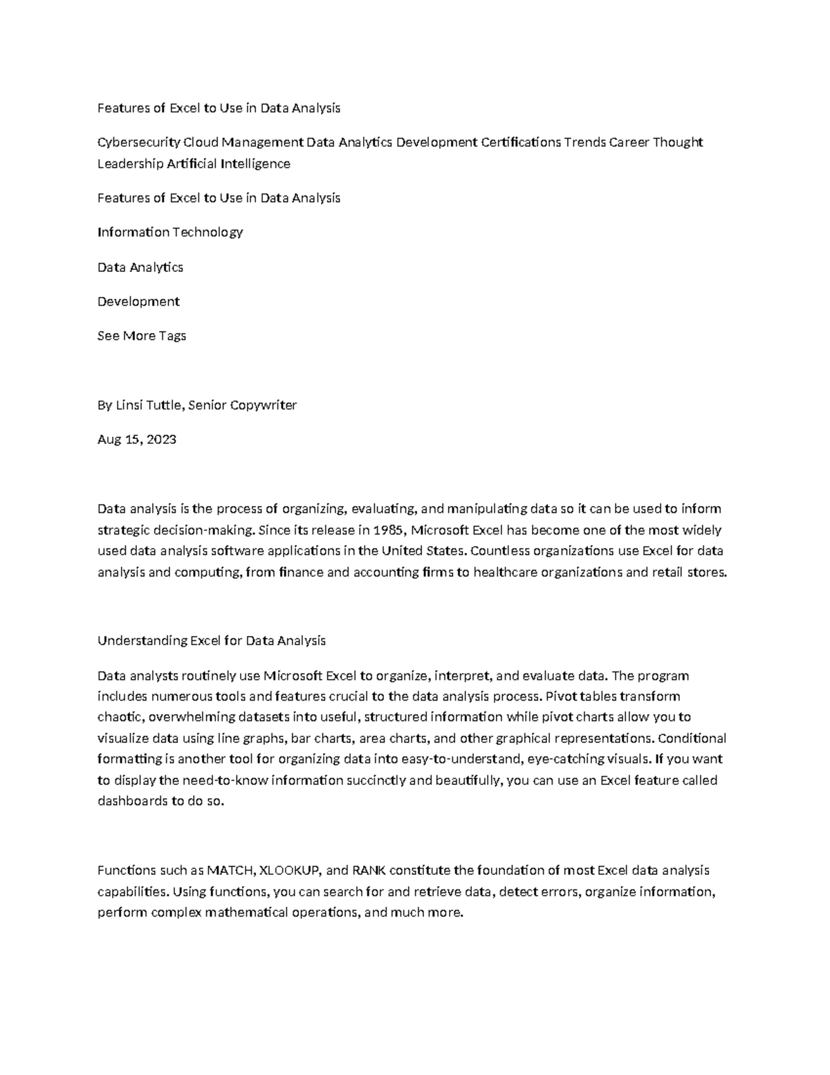 Excel Features for Data Analysis in IT: A Comprehensive Guide - Studocu