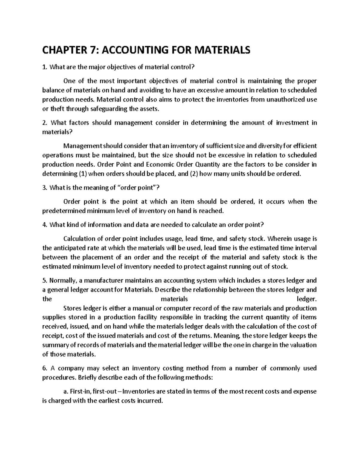 Chapter 7 - Accounting FOR Materials ( Questions AND Answers) - Warning ...