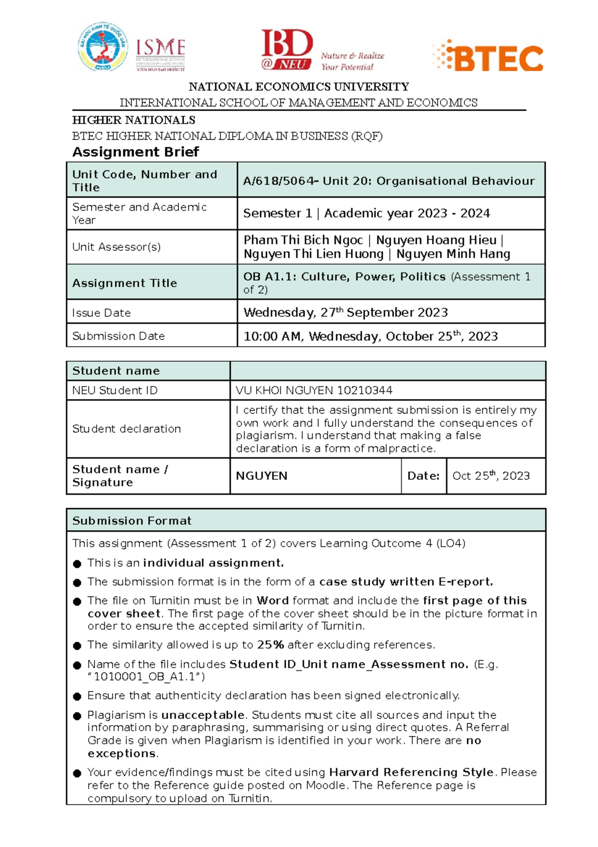 OB - Assignment Brief 1.1 - New form approved 13 - NATIONAL ECONOMICS ...