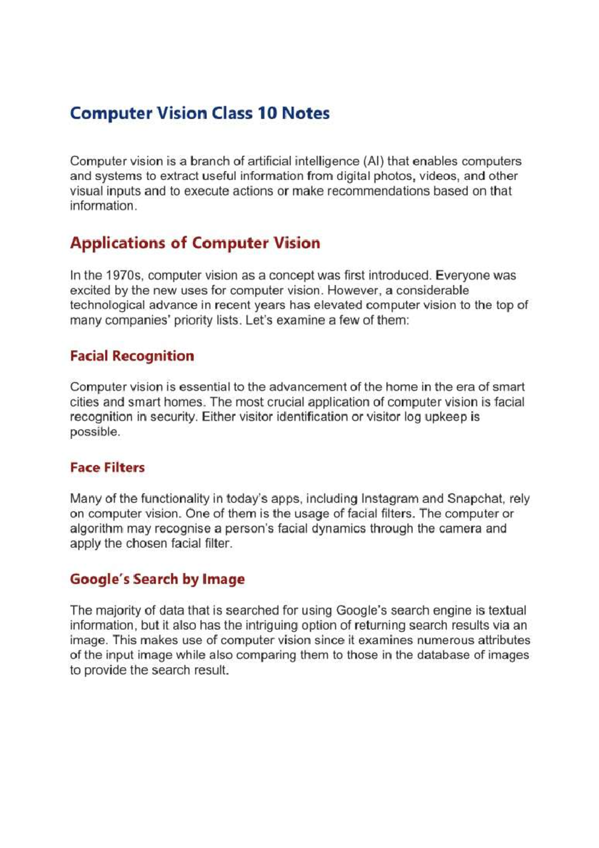 Computer Vision Class 10 Study Notes: Key Concepts and Applications ...