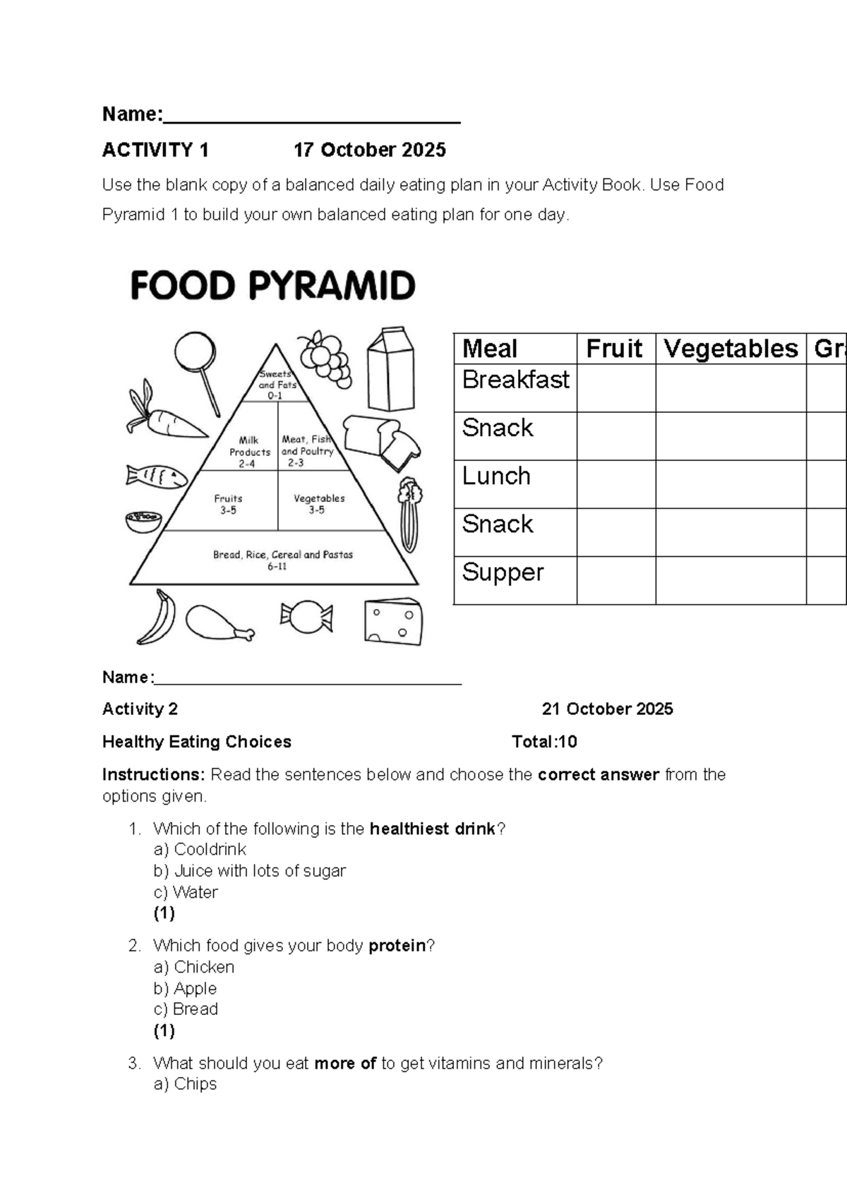 Activities Term 4: Healthy Eating & Personal Well-being - Studocu