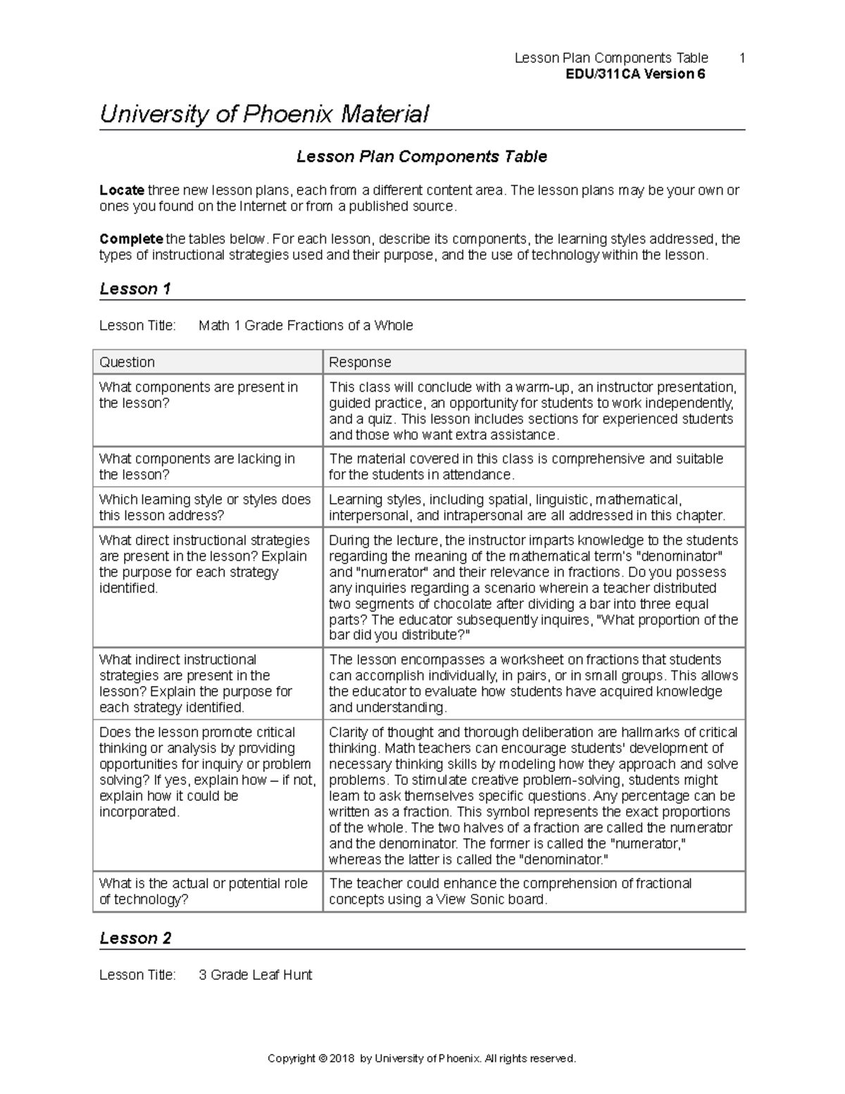 EDU311CA R6 Lesson Plan Components Overview and Analysis - Studocu
