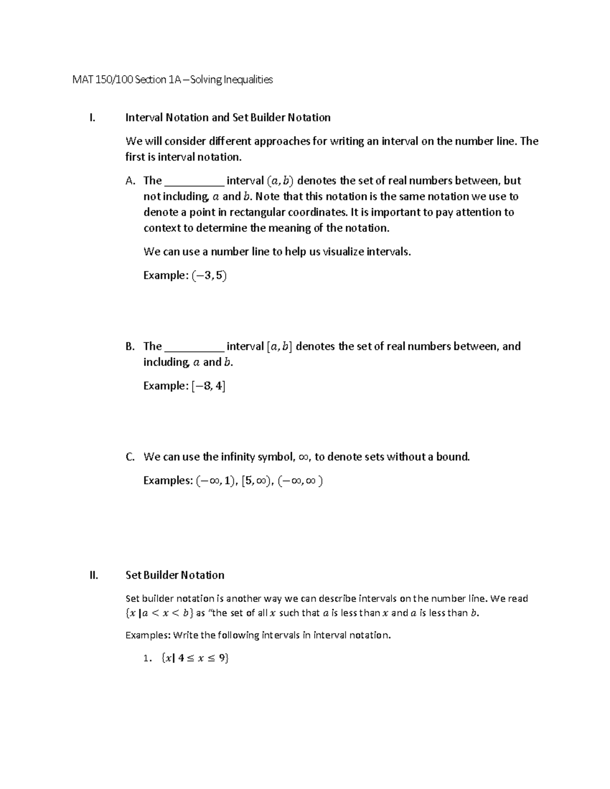 MAT 150/100 Final Exam Review: Inequalities & Interval Notation - Studocu