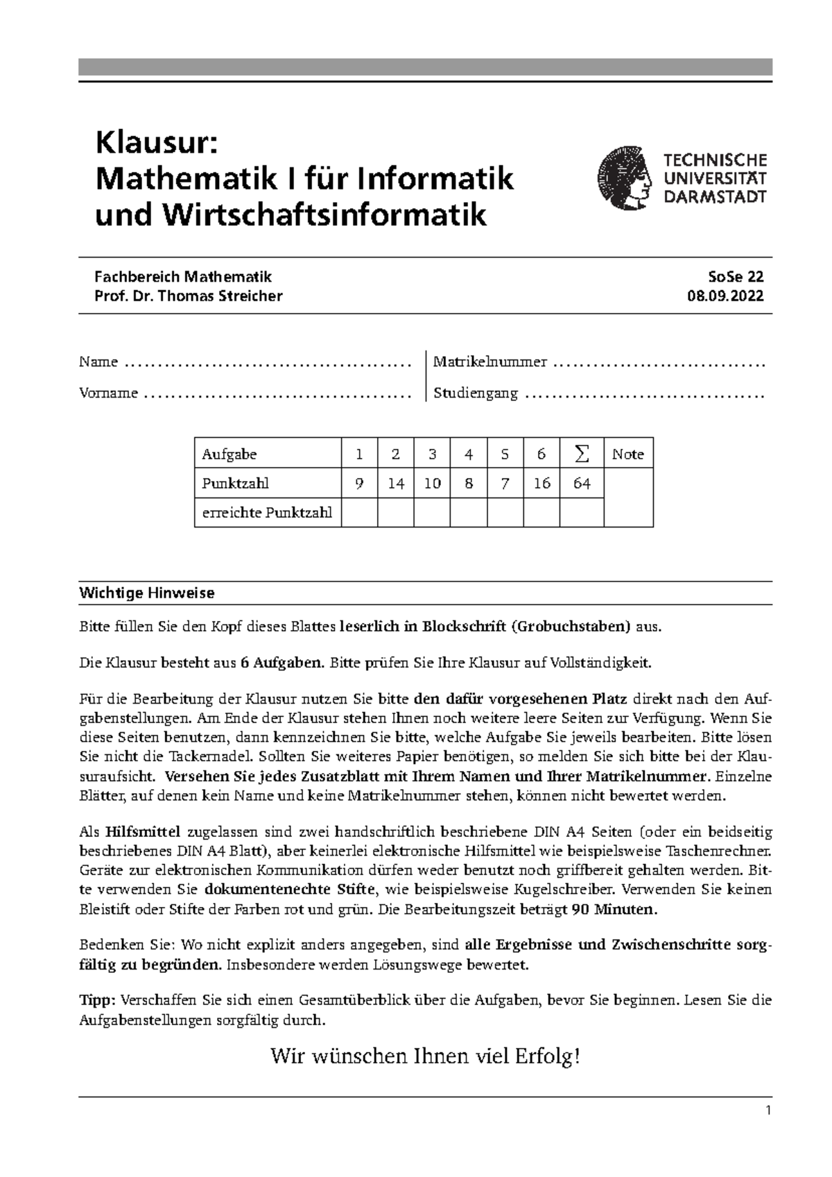 S22 Mathe 1 Klausur für Informatik und Wirtschaftsinformatik - Studocu