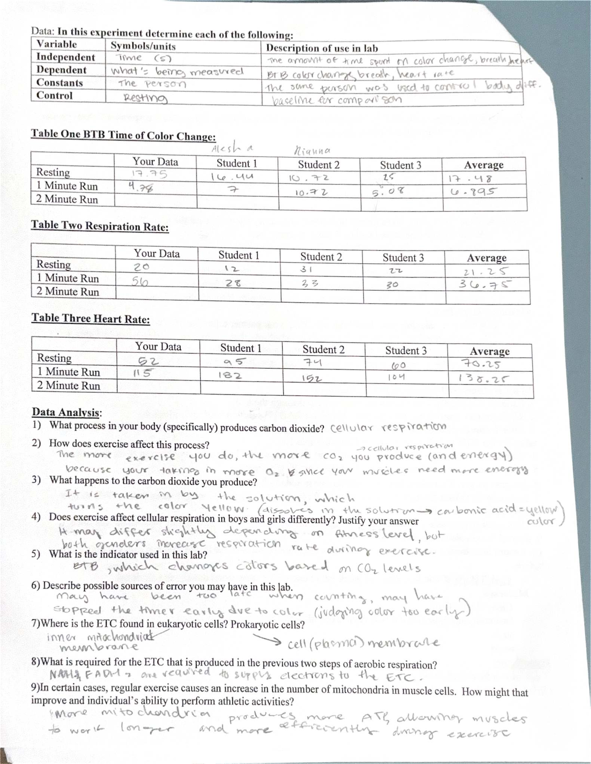 Lab Report: Cellular Respiration & Exercise Analysis (BIO 101) - Studocu