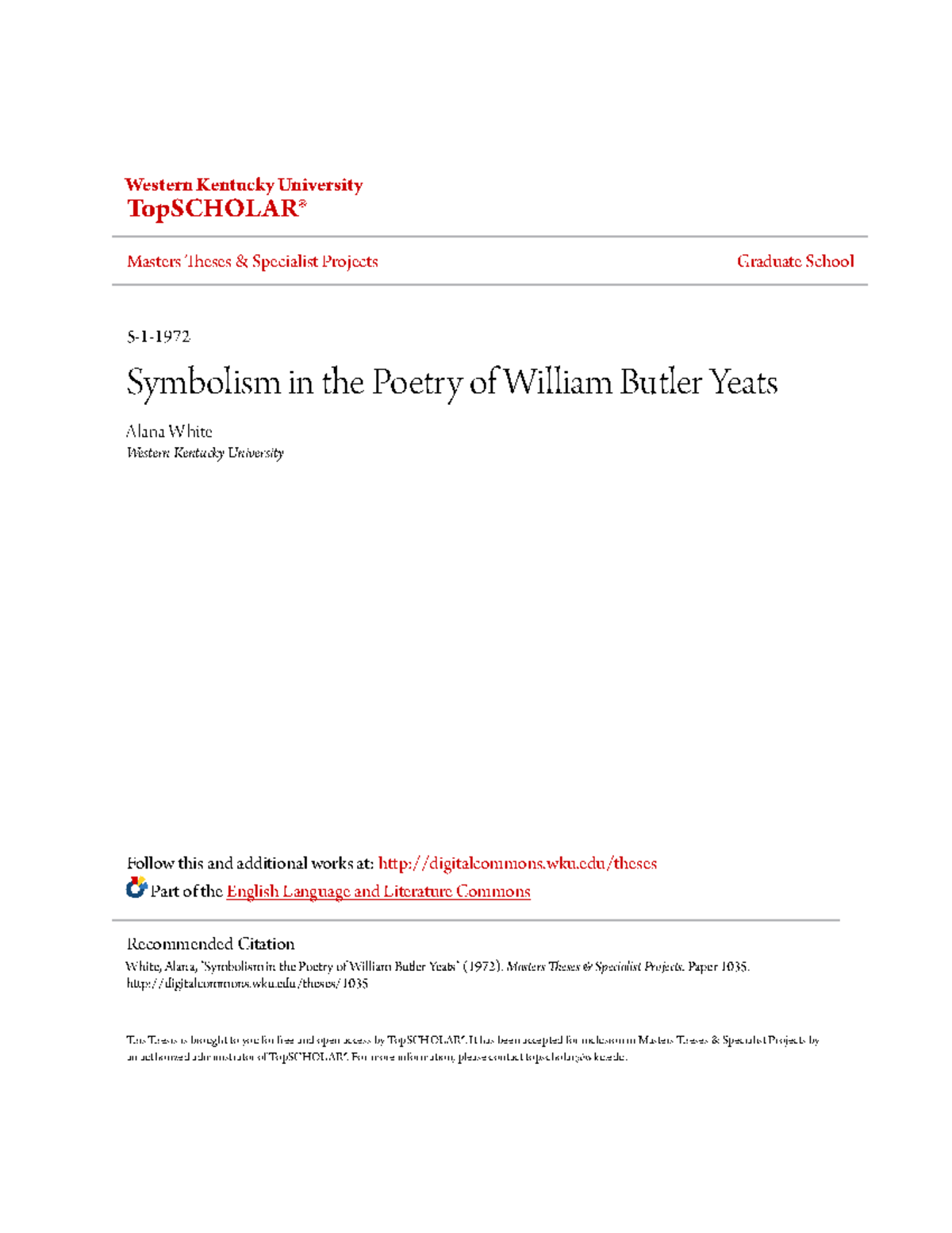 Symbolism in the Poetry of W.B. Yeats - MA Thesis (1972) - Studocu
