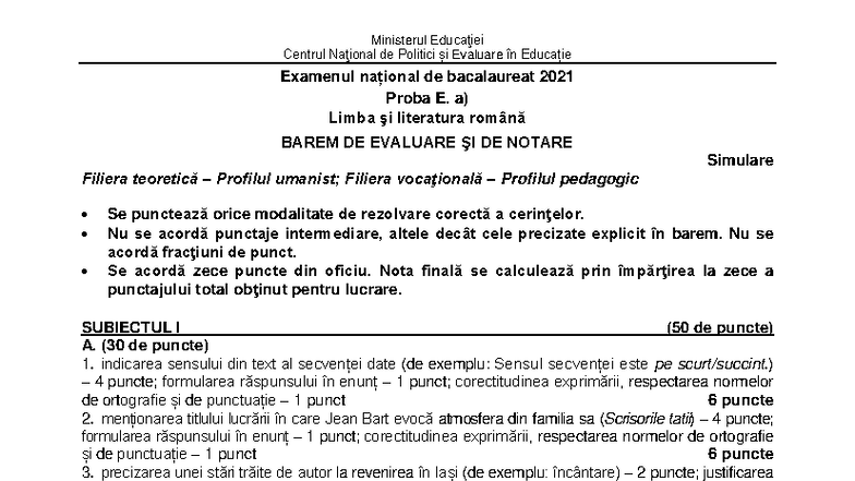 Examen Bacalaureat 2021 Proba E. a) Limba și Literatura Română - Barem ...