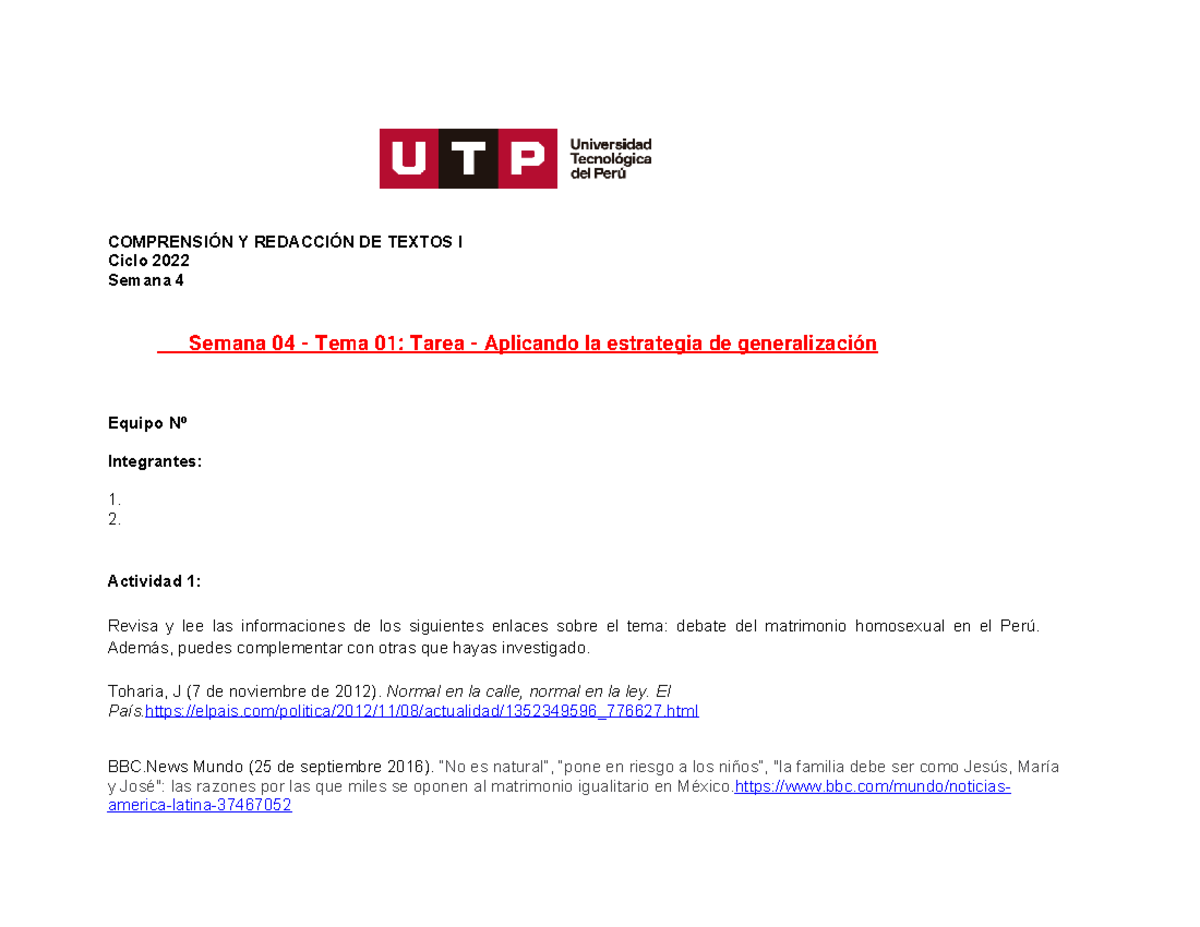 COMPRENSIÓN Y REDACCIÓN DE TEXTOS I - Tarea Semana 04: Generalización ...