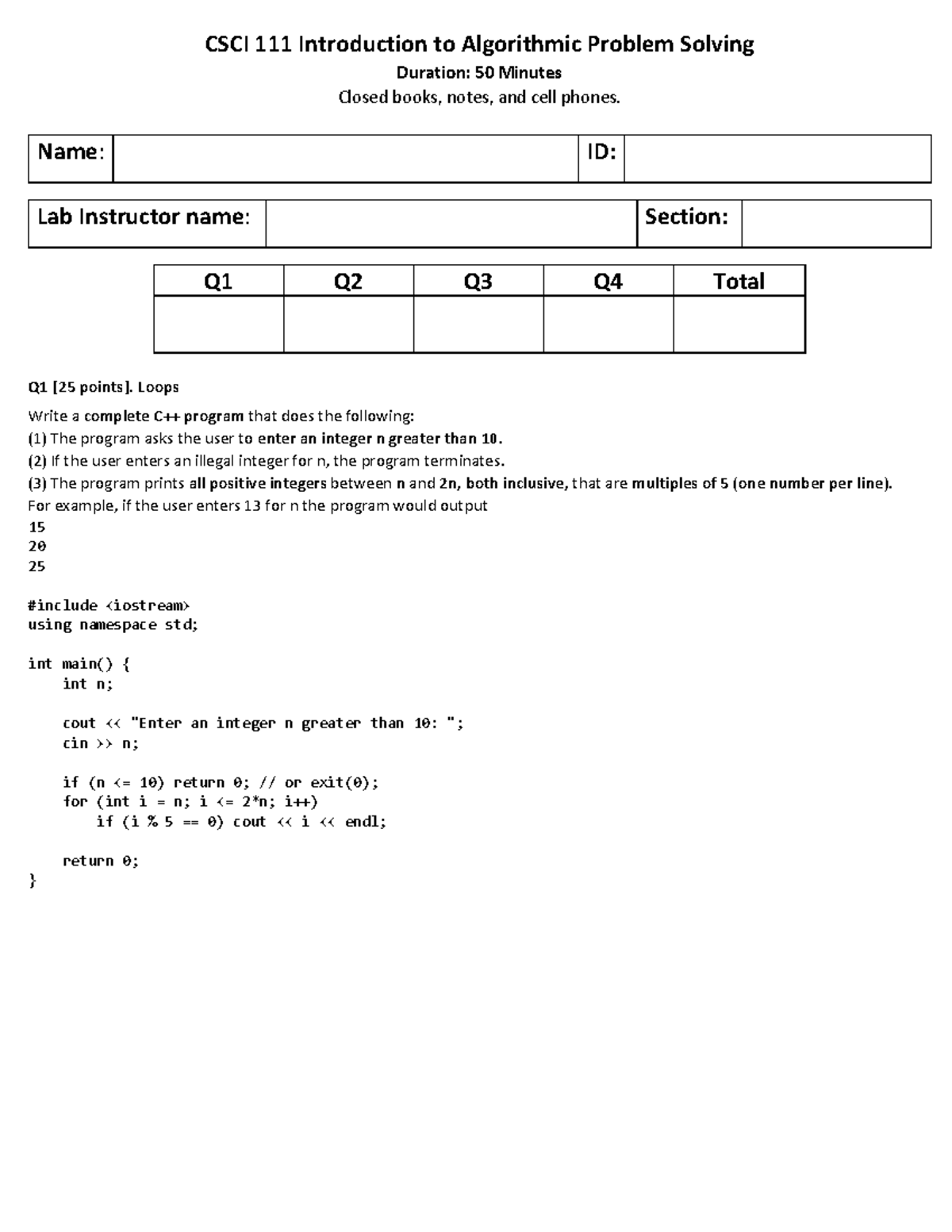 CSCI 111 Midterm Exam 1 Solutions on C++ Program Constructs - Studocu