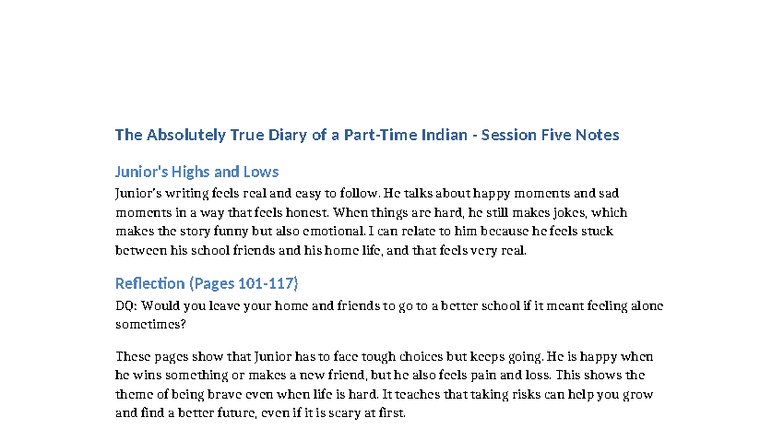 The Absolutely True Diary of a Part-Time Indian: Session 5 Notes - Studocu