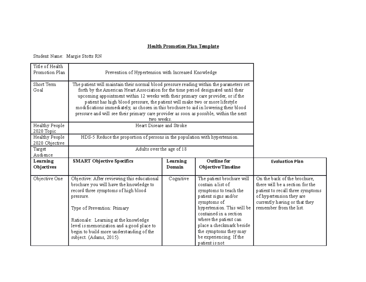 Unit 4 Health Promotion Plan: Hypertension Prevention Strategies - Studocu