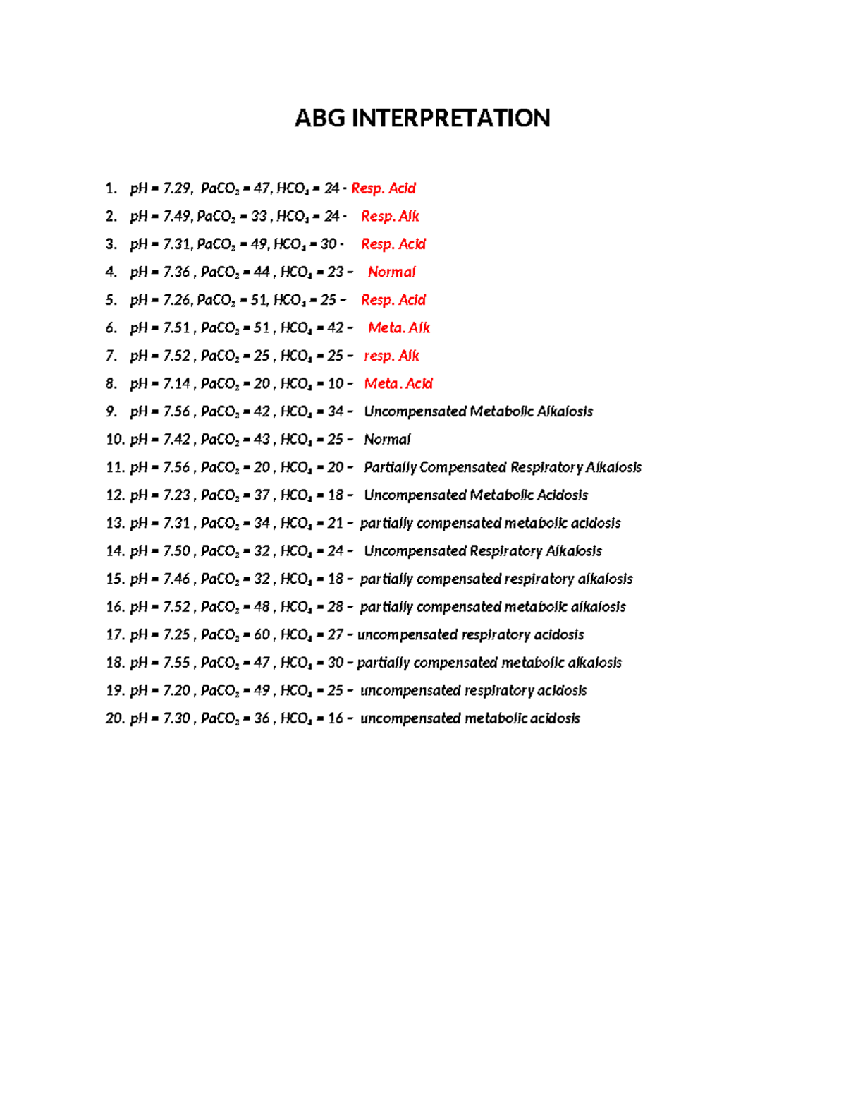 ABG Interpretation Worksheet: Analyzing Acid-Base Disorders - Studocu