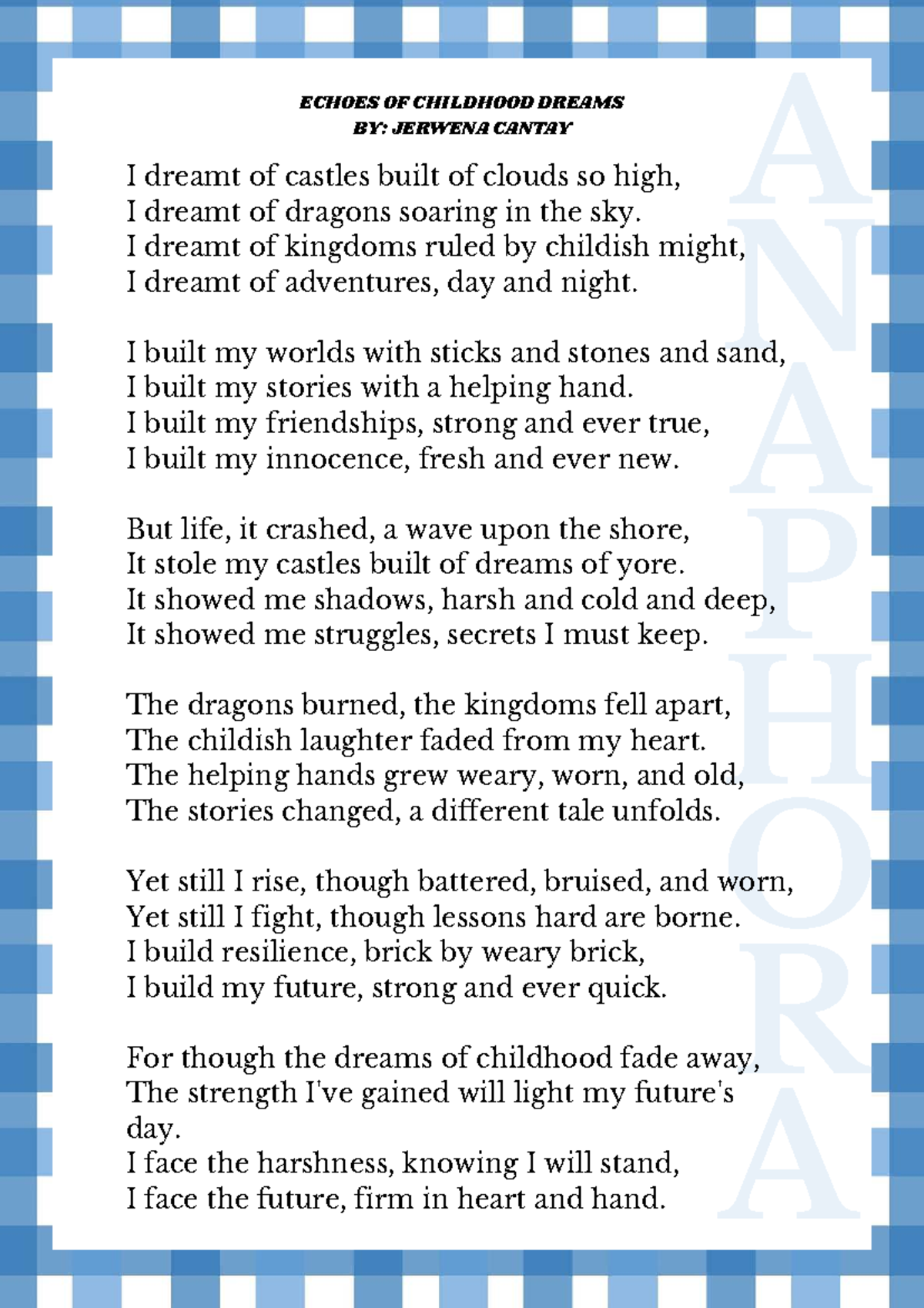 ECHOES OF CHILDHOOD DREAMS: ANAPHORA POEM ANALYSIS - Studocu