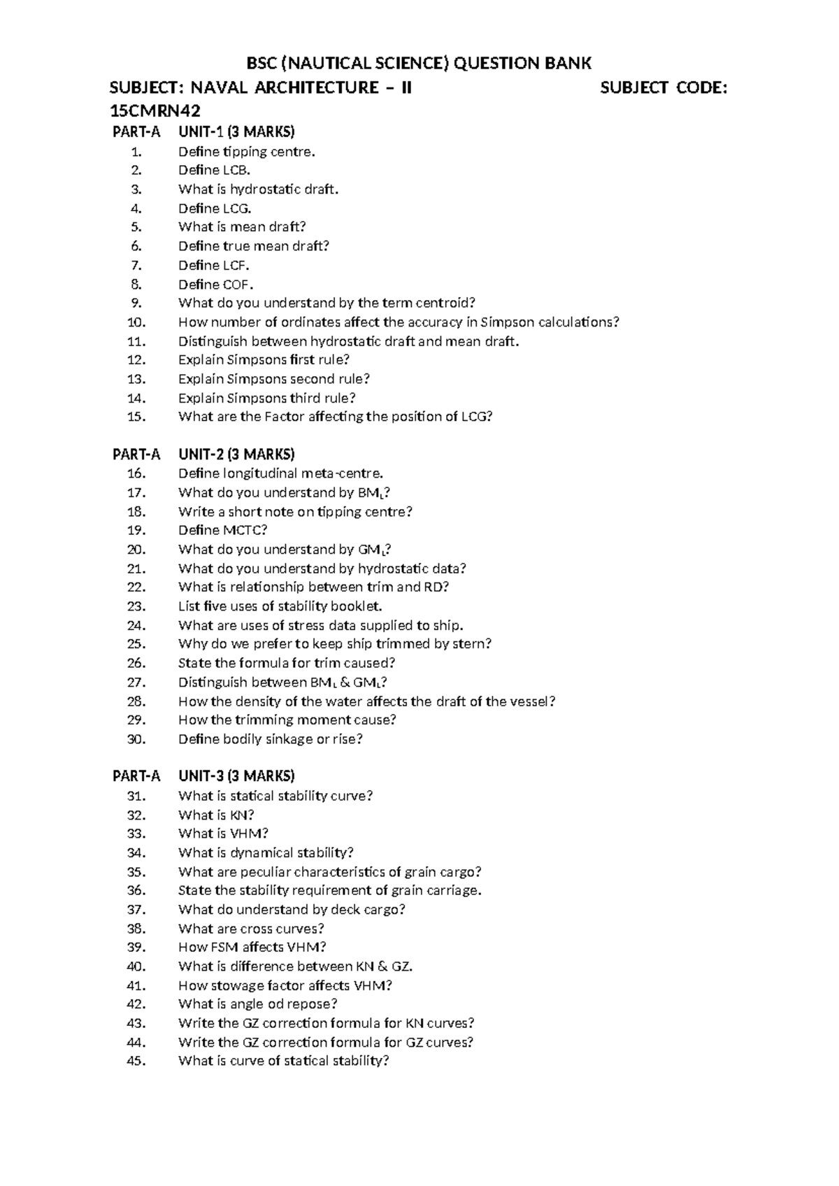 BSC (NAUTICAL SCIENCE) 15CMRN42 NAVAL ARCHITECTURE II QUESTION BANK ...