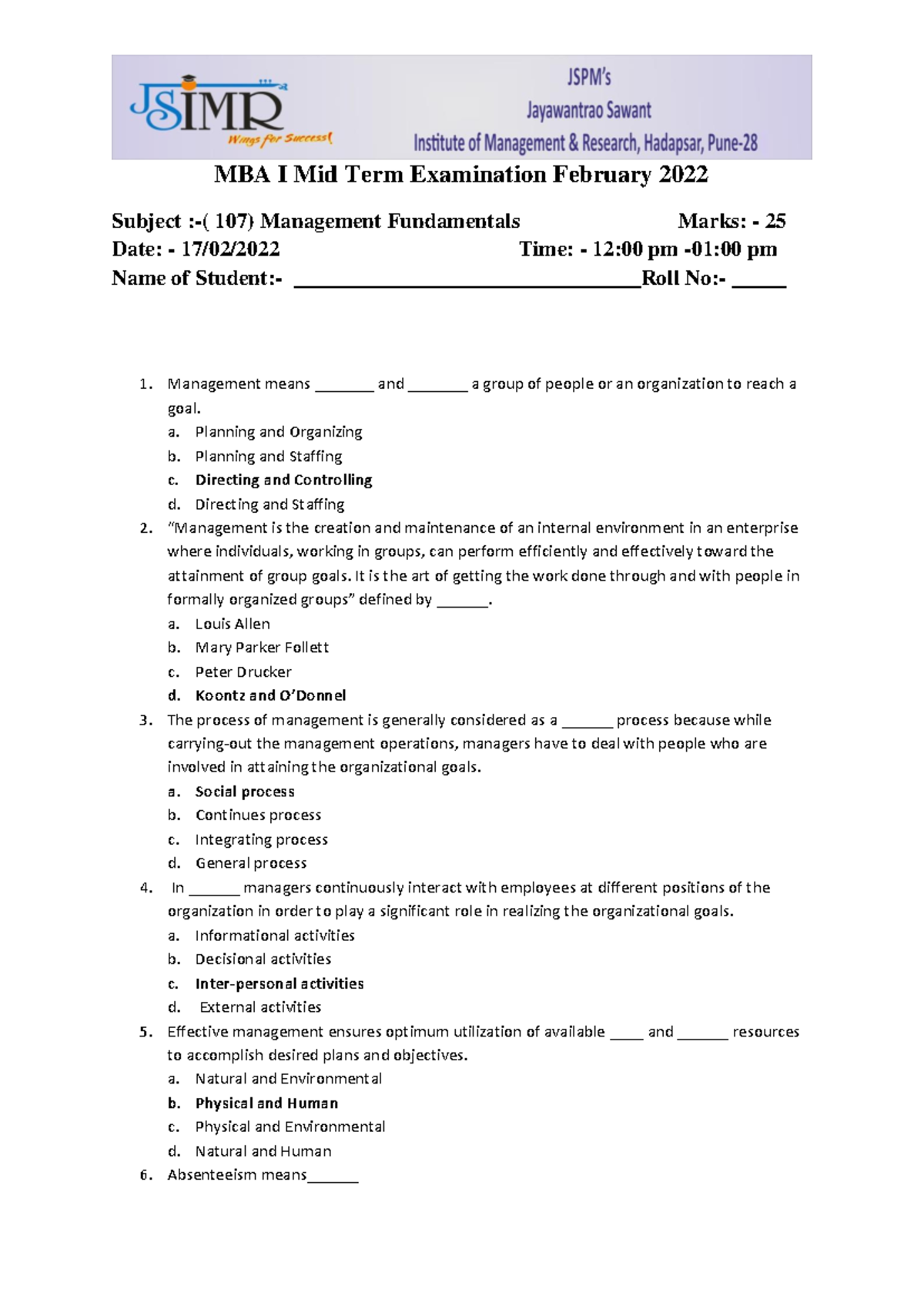 M F MCQ's - Management Fundamentals exam paper unit test MCQ's - MBA I ...