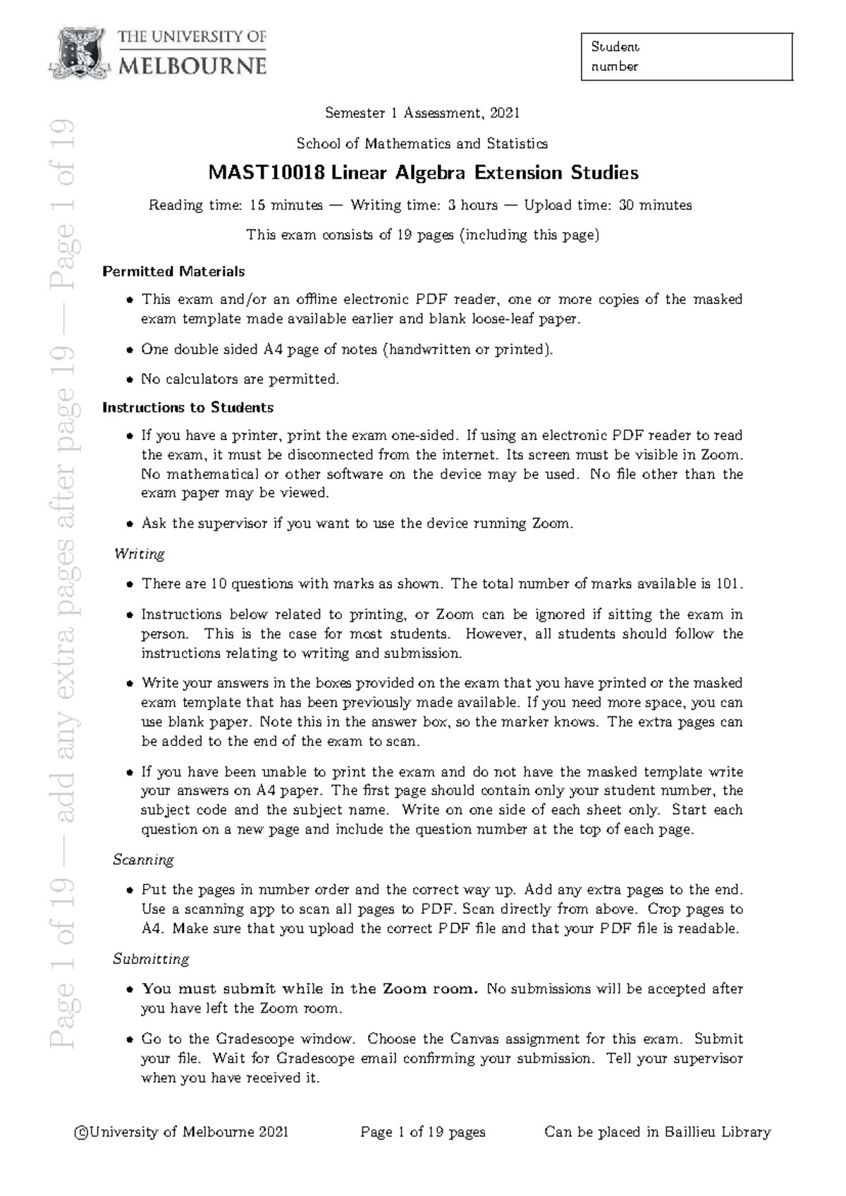 MAST10018 Linear Algebra Extension Studies Semester 1 Exam 2021 - Studocu