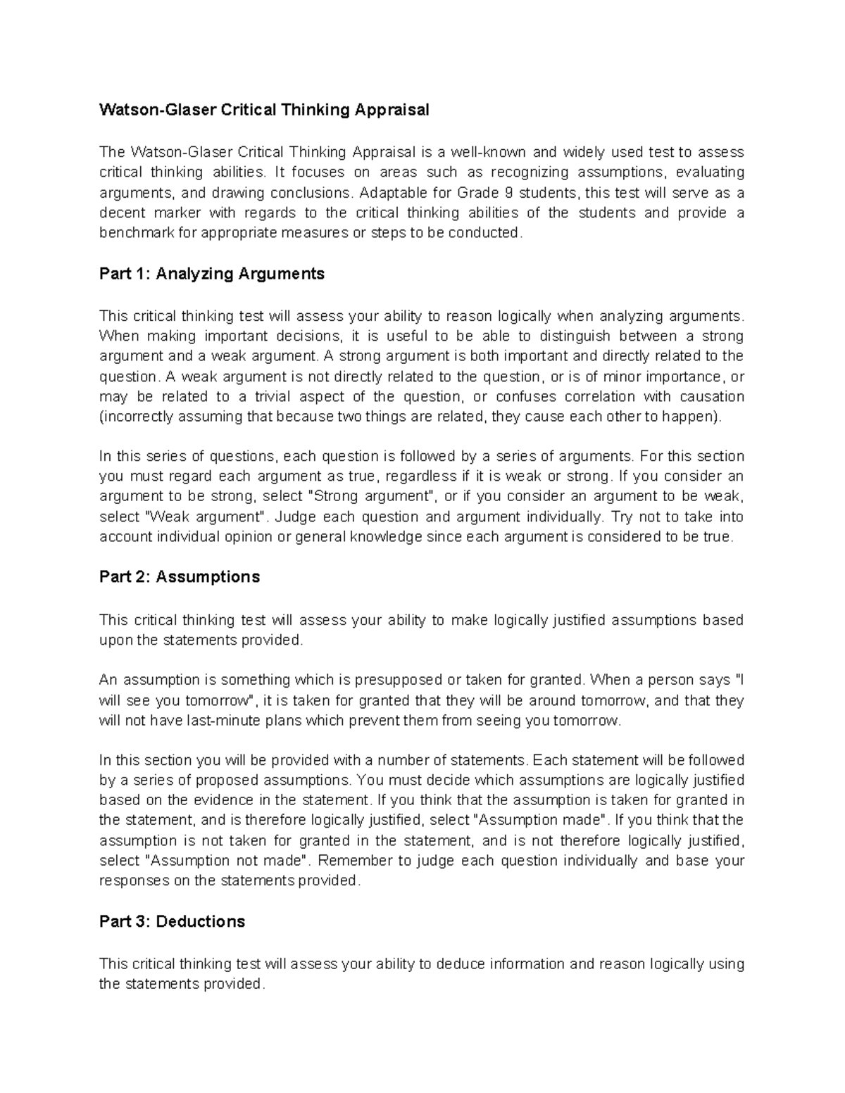Watson-Glaser Critical Thinking Appraisal: Grade 9 Exam Guide - Studocu