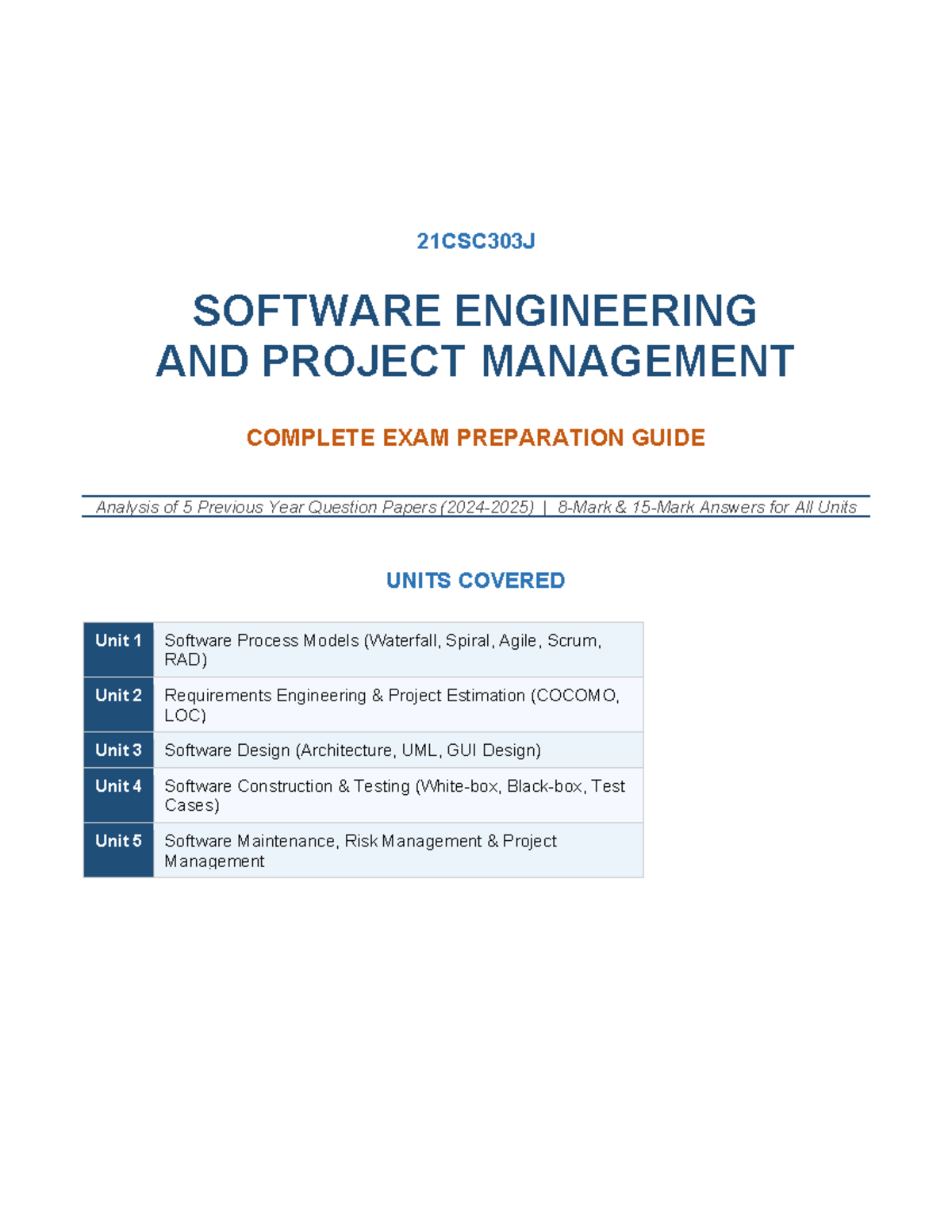21CSC303J SOFTWARE ENGINEERING & PROJECT MANAGEMENT EXAM PREP GUIDE ...