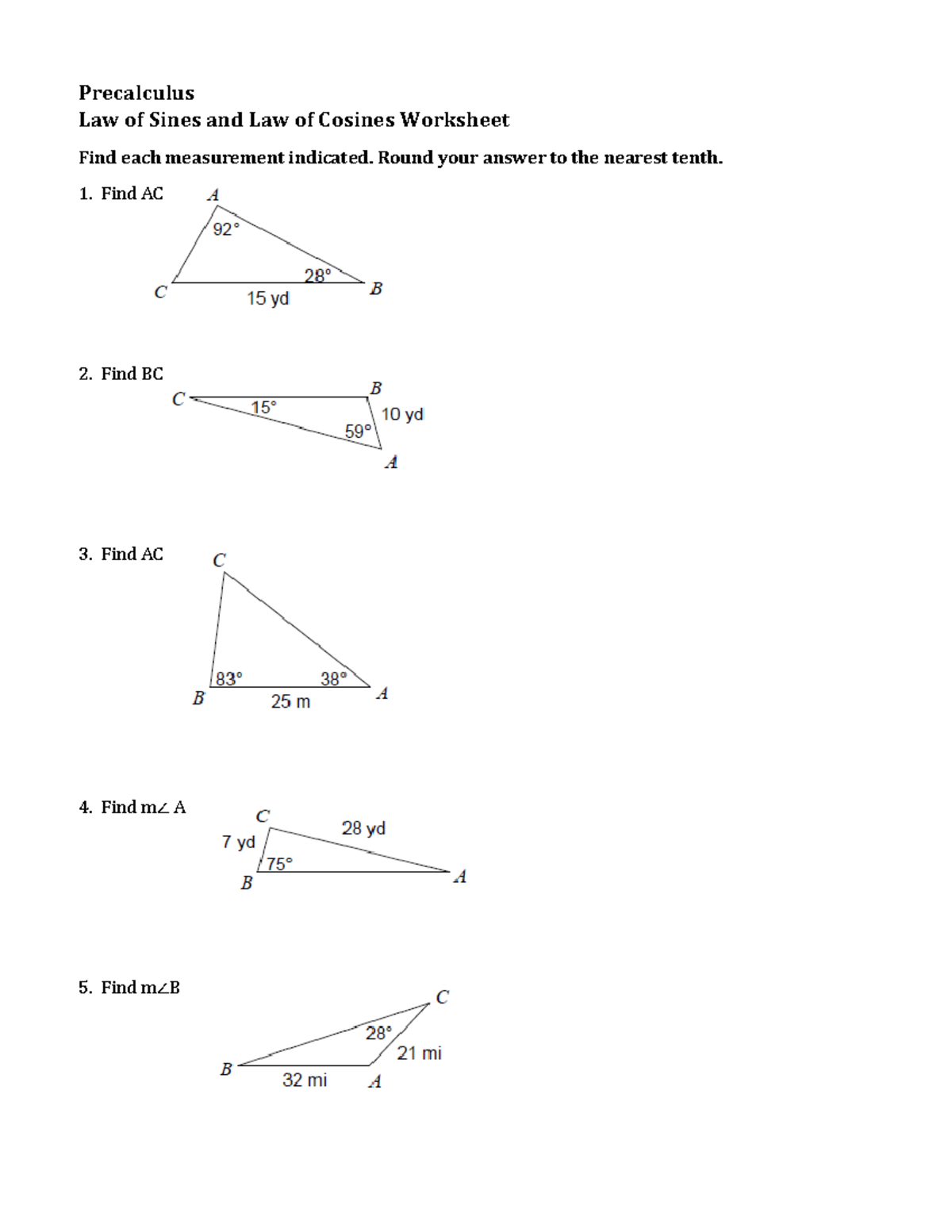 Precalculus: Law of Sines & Cosines Worksheet - Studocu